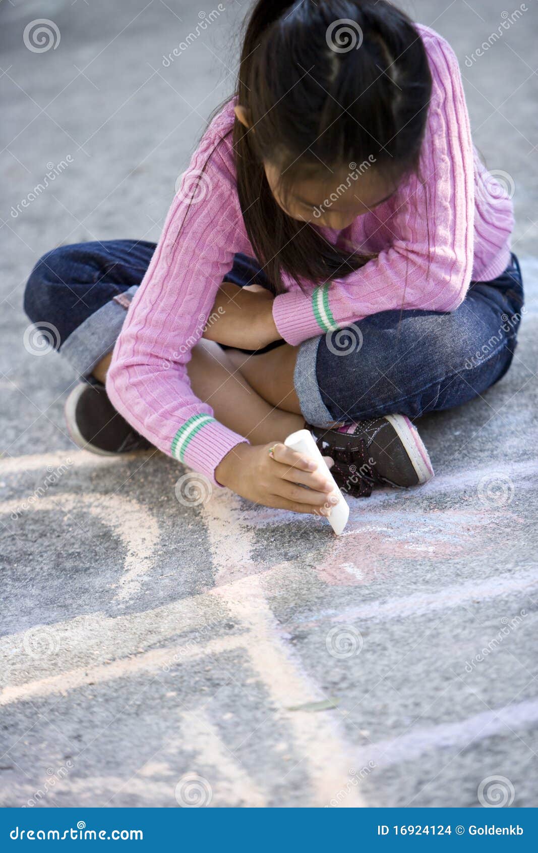 Asian Girl Drawing on Ground with Sidewalk Chalk Stock Photo - Image of ...
