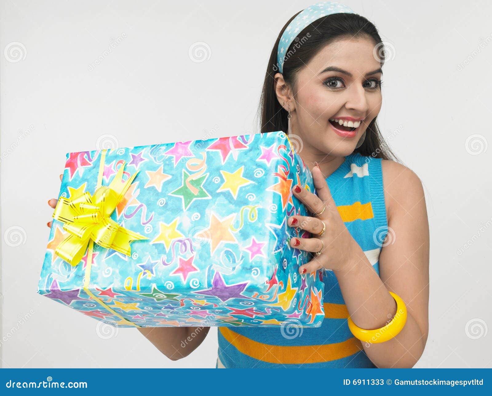 Asian girl with a gift box stock image. Image of flowing - 6911333
