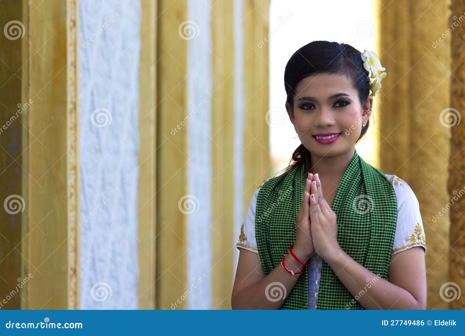 Asian Girl Greeting in Temple Stock Photo - Image of clothes, dress ...