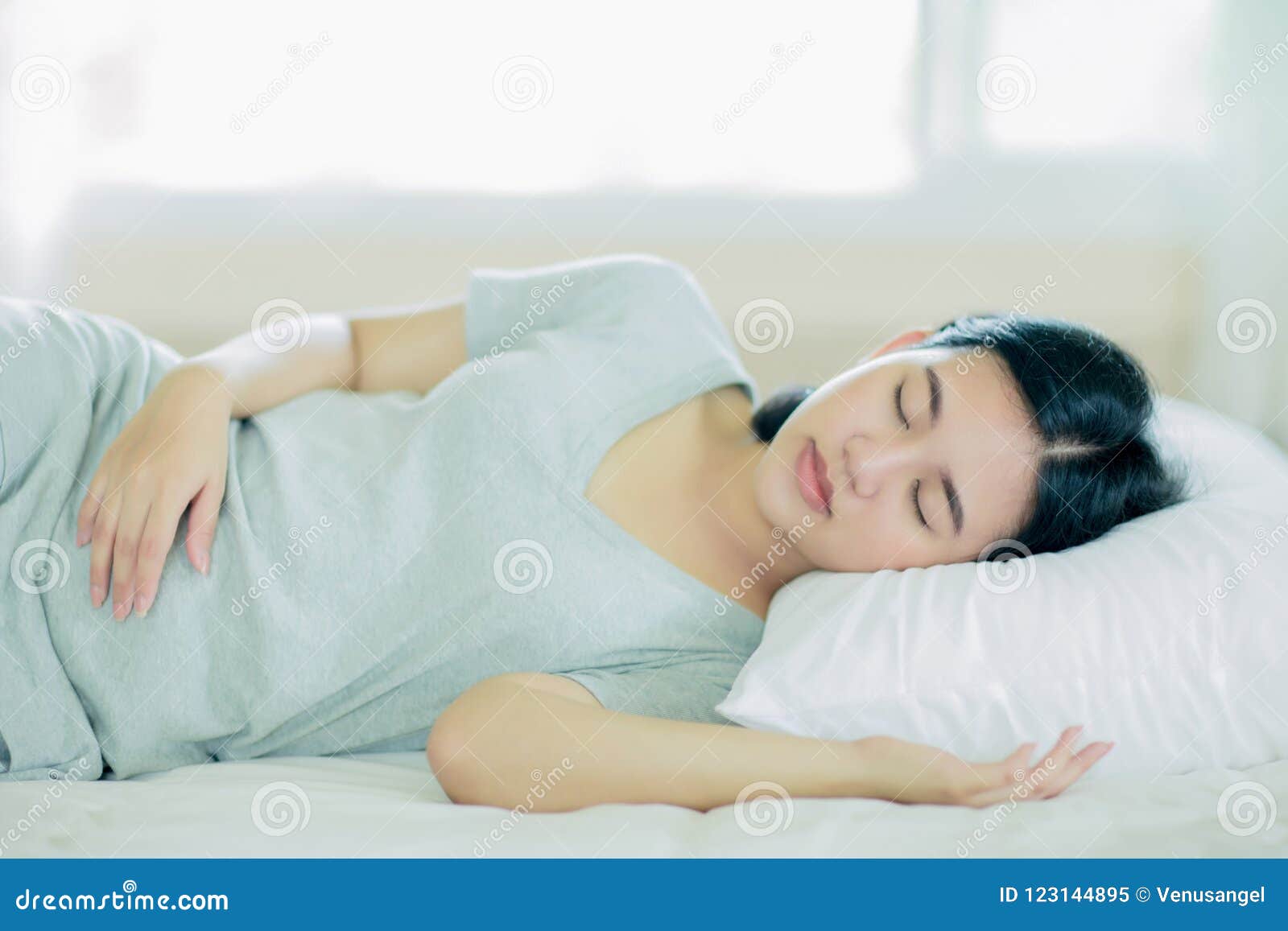 Asian Girl Sleeps on the White Bed Stock Image - Image of close, girl ...