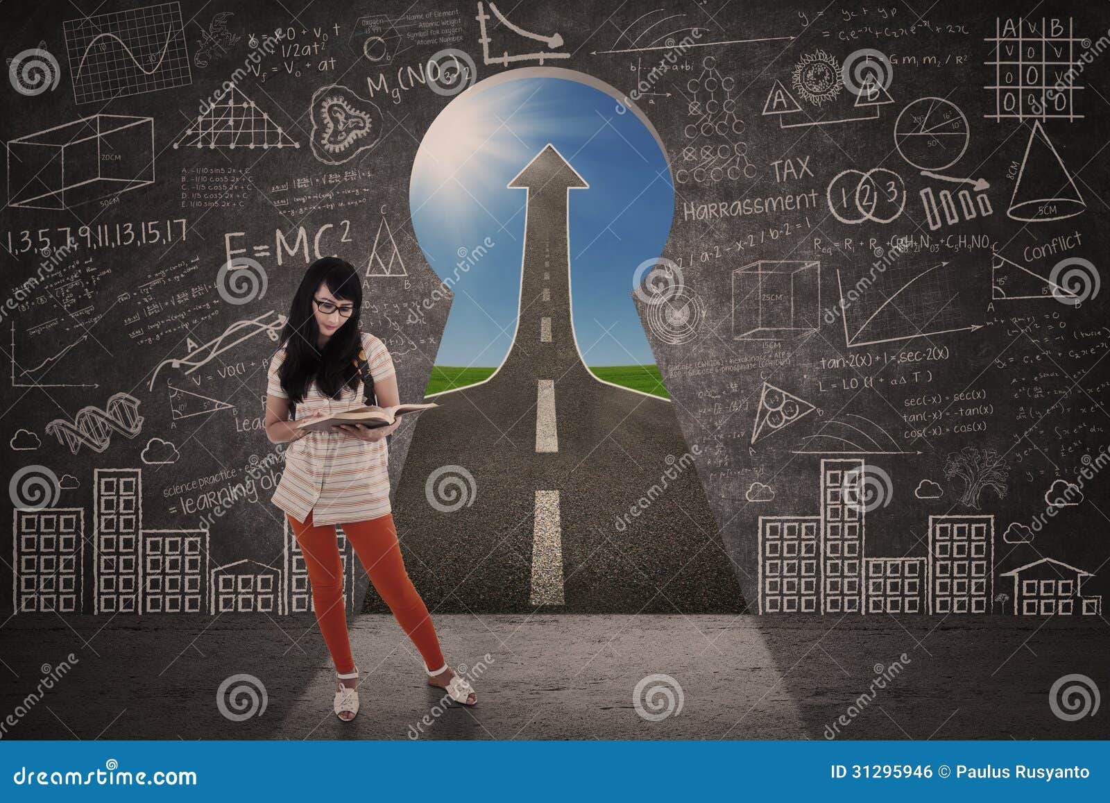 Asian Girl Study in Front of Keyhole Success Road Stock Illustration ...