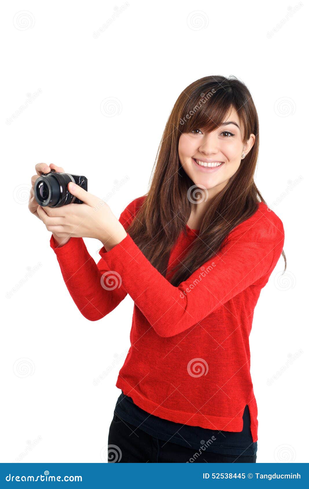 Asian Girl Taking Photo with a Compact Camera Looking at the Cam Stock ...