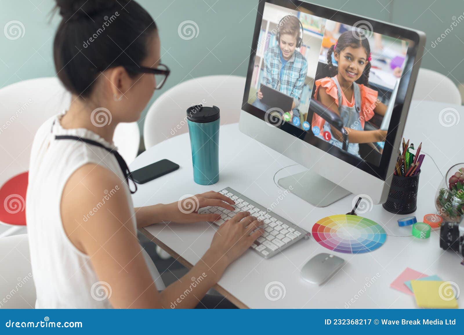 Asian Girl Using Computer for Video Call, with Smiling Diverse ...