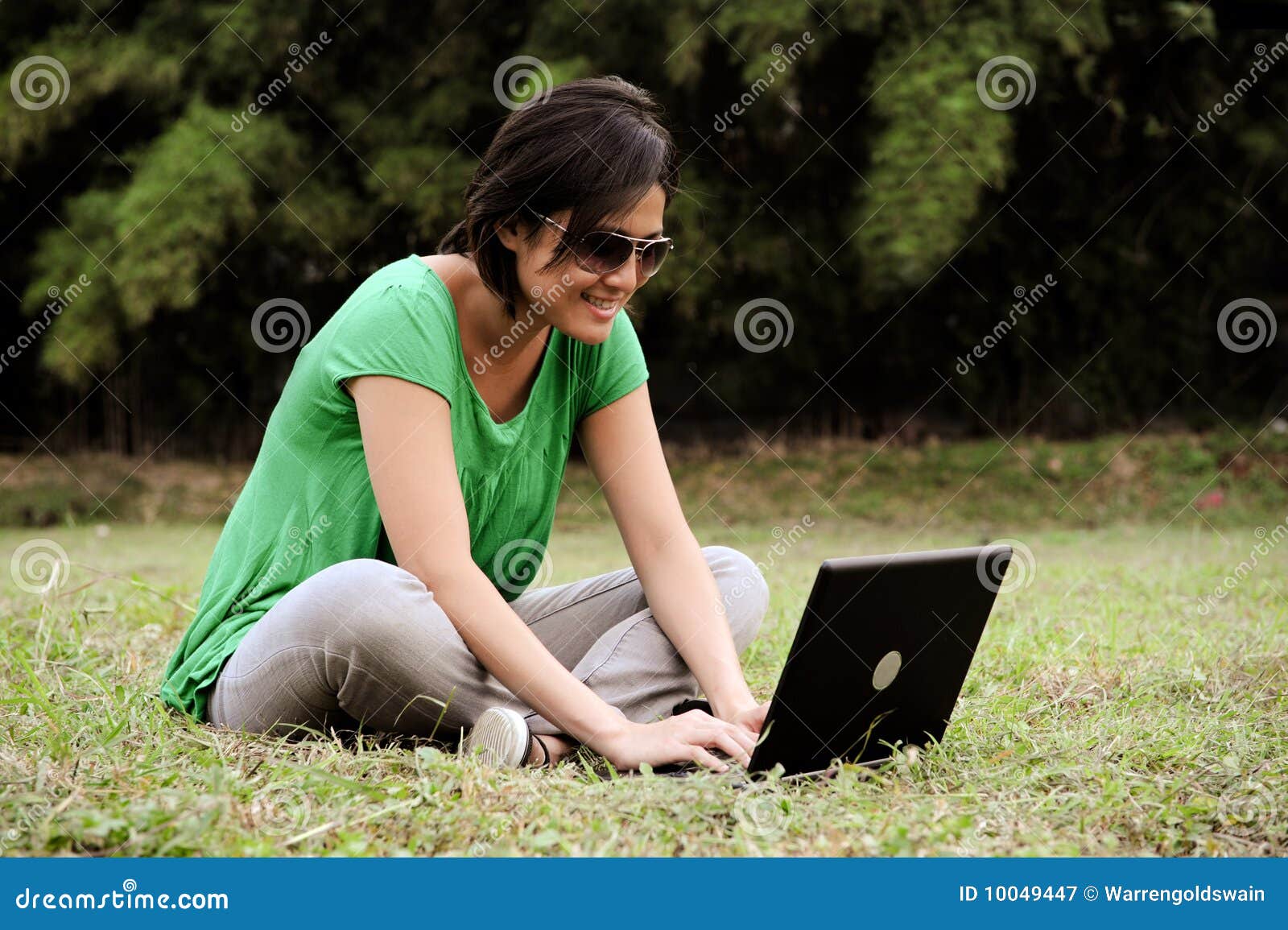 Asian Girl Writes an Email Outdoor Stock Image - Image of computer ...