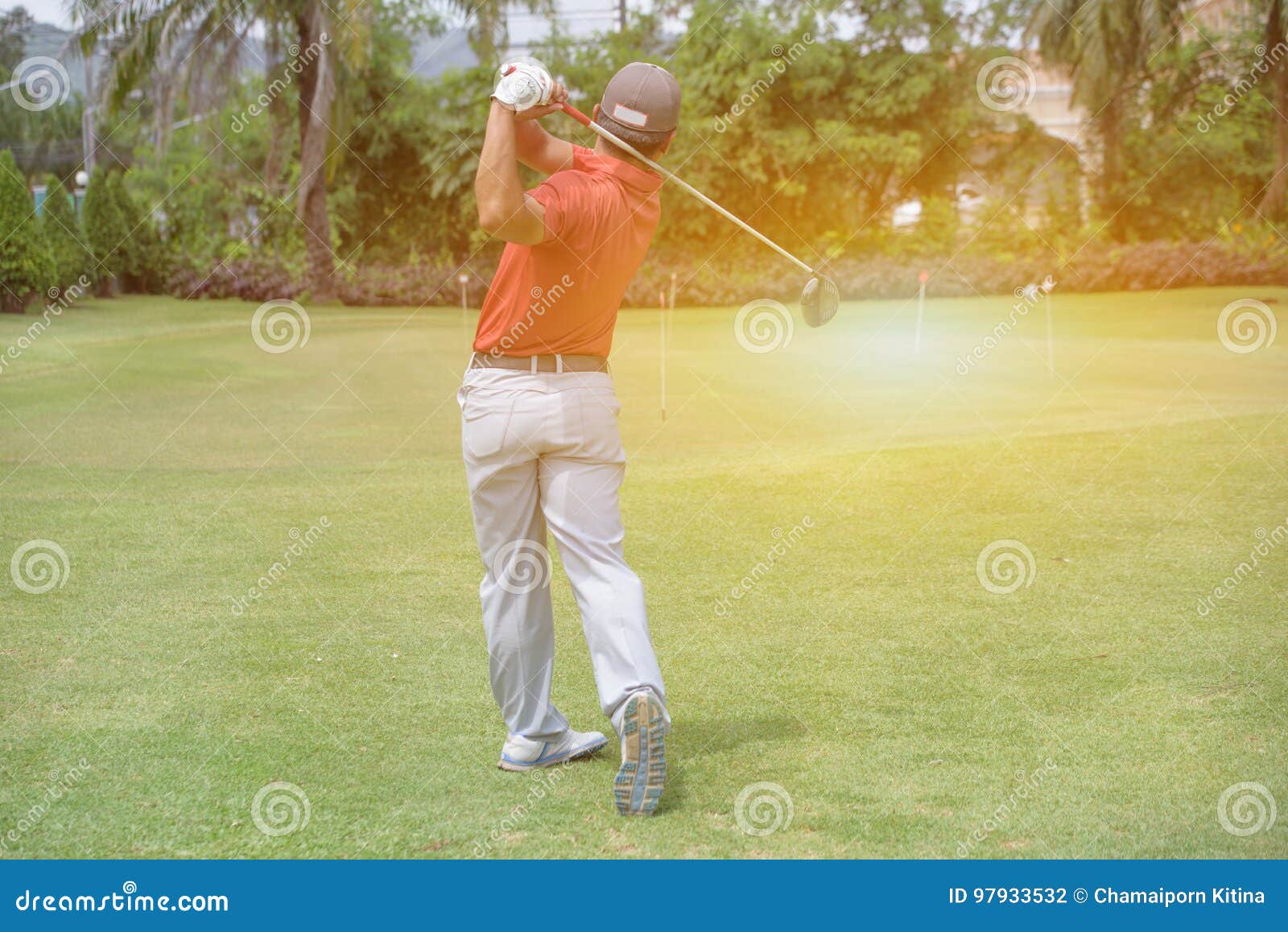 Asian Golfers Man Hit Sweeping Golf Course in the Summer Editorial ...