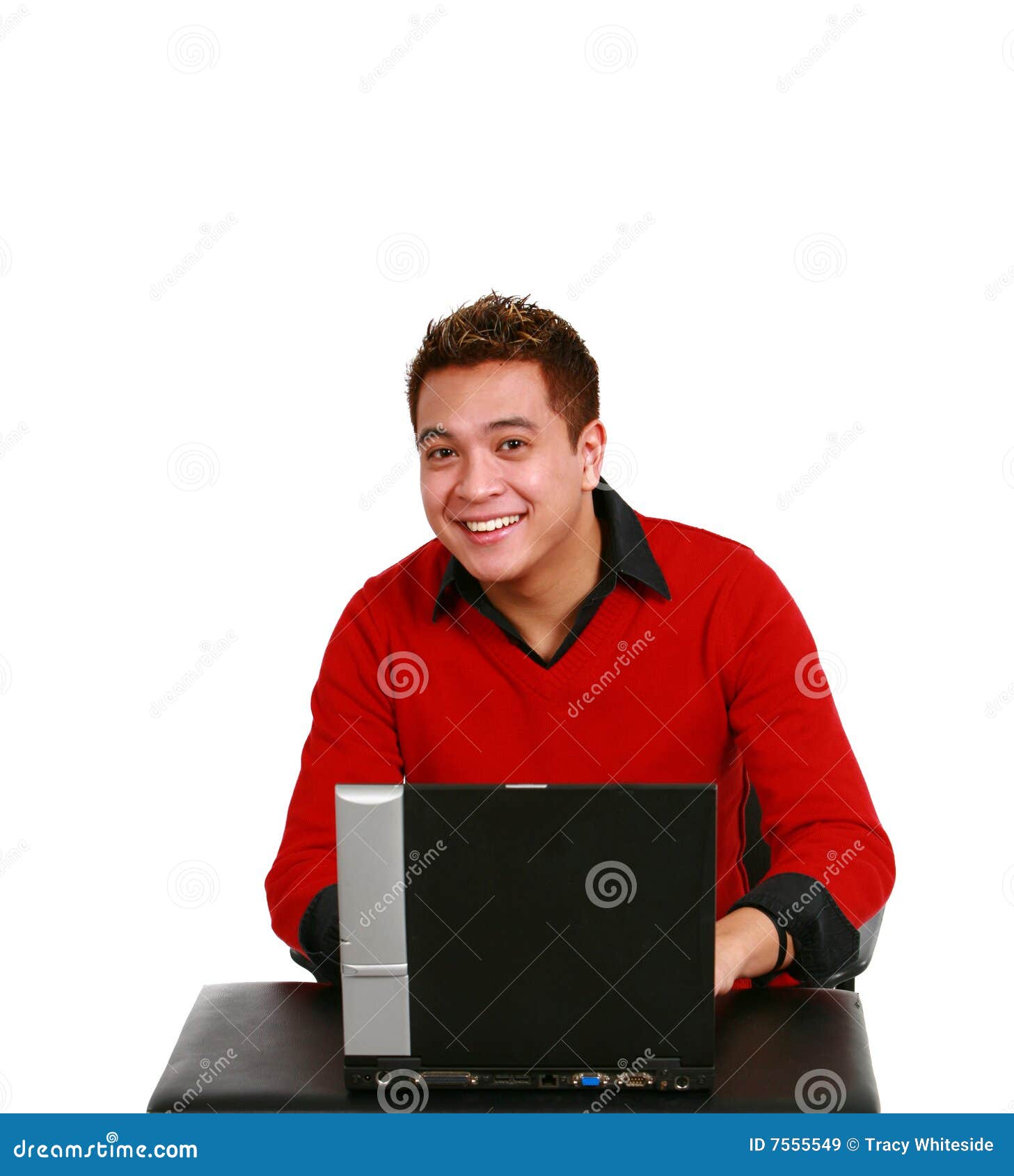 Asian guy with computer stock image. Image of handsome - 7555549