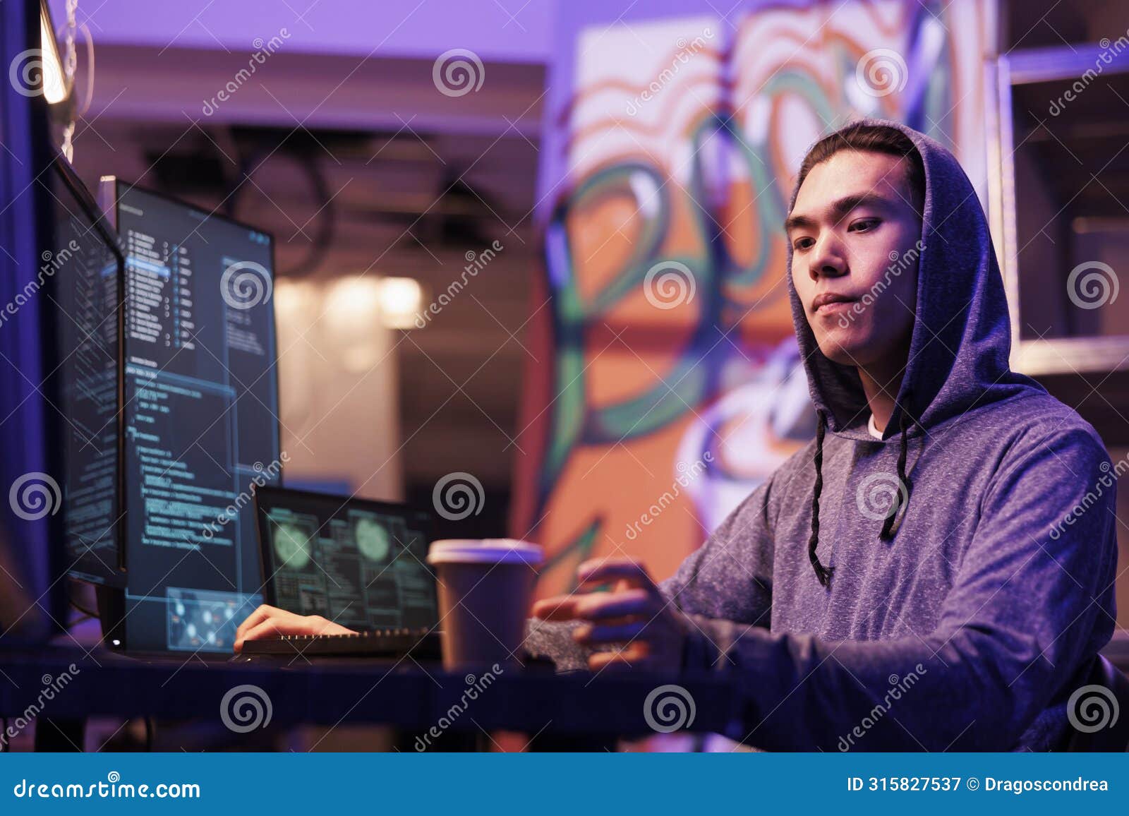 Asian Hacker Drinking Coffee and Hacking Stock Image - Image of server ...