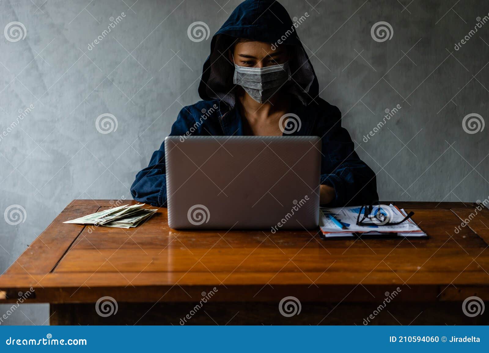 Asian Hacker Woman with Surgical Facemask Typing on Laptop Notebook ...