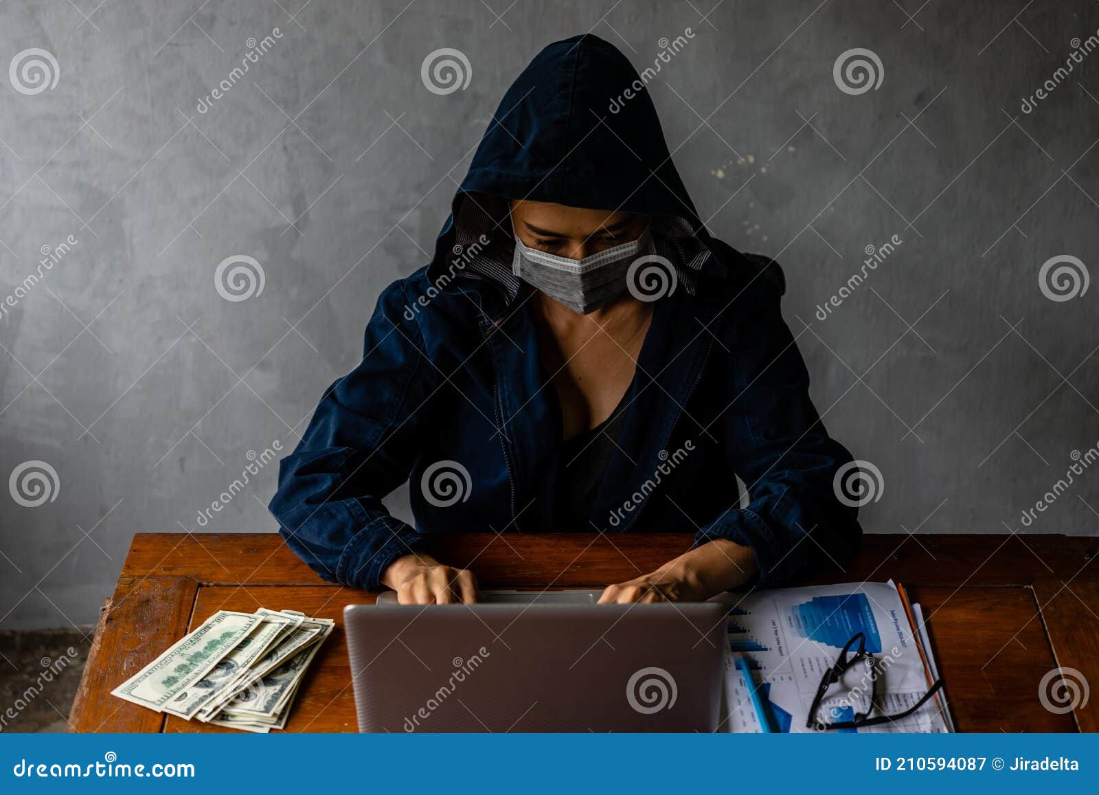 Asian Hacker Woman with Surgical Facemask Typing on Laptop Notebook ...