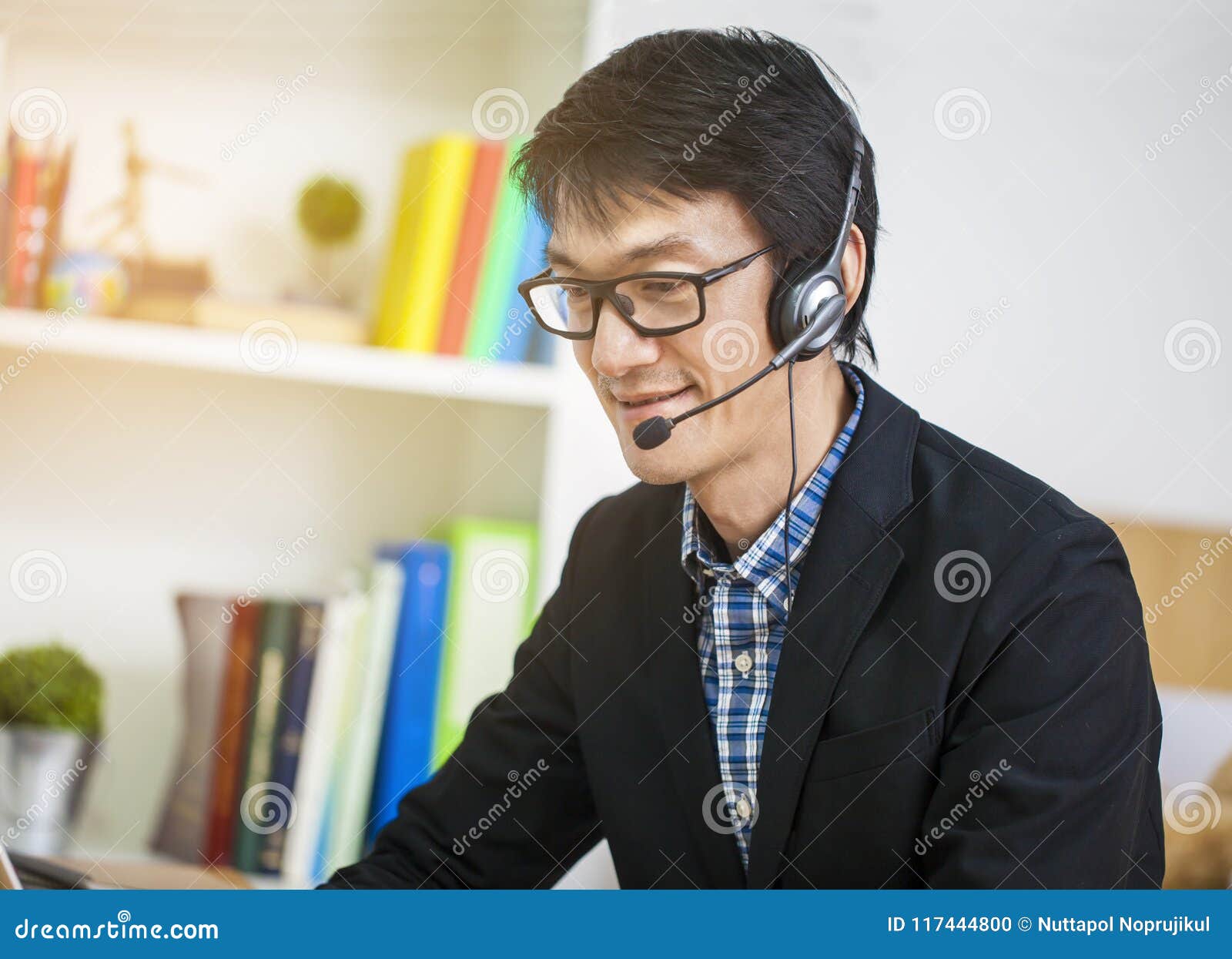 Asian Handsome Man Operator at Work, Business Ad Communication C Stock ...
