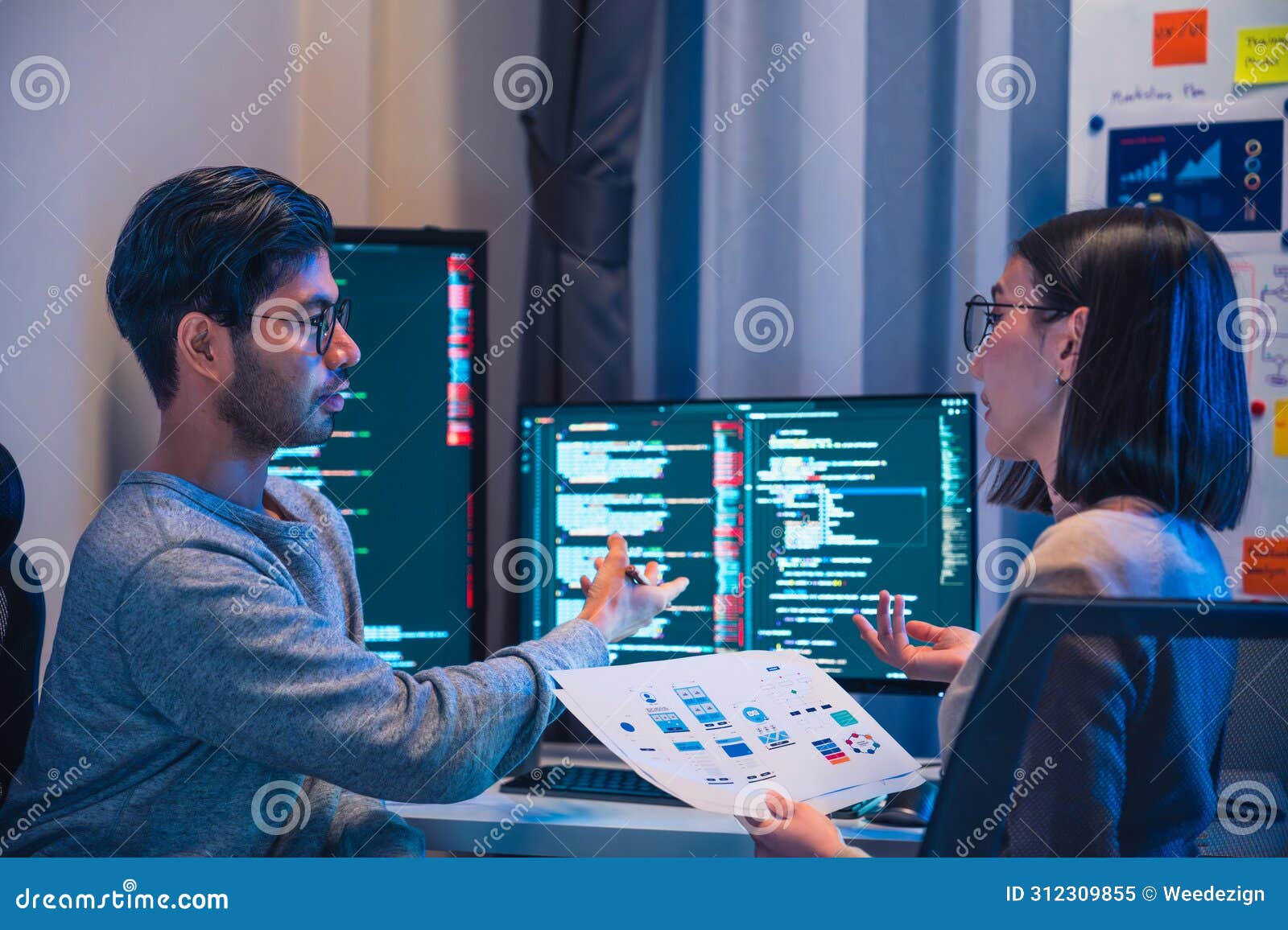 Asian And Indian Developer Devops Team Discussion About Coding Promgram With Software Computer
