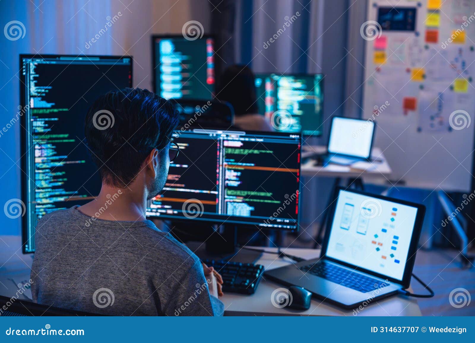 Asian And Indian Developer Devops Team Working About Coding Promgram With Software Computer At