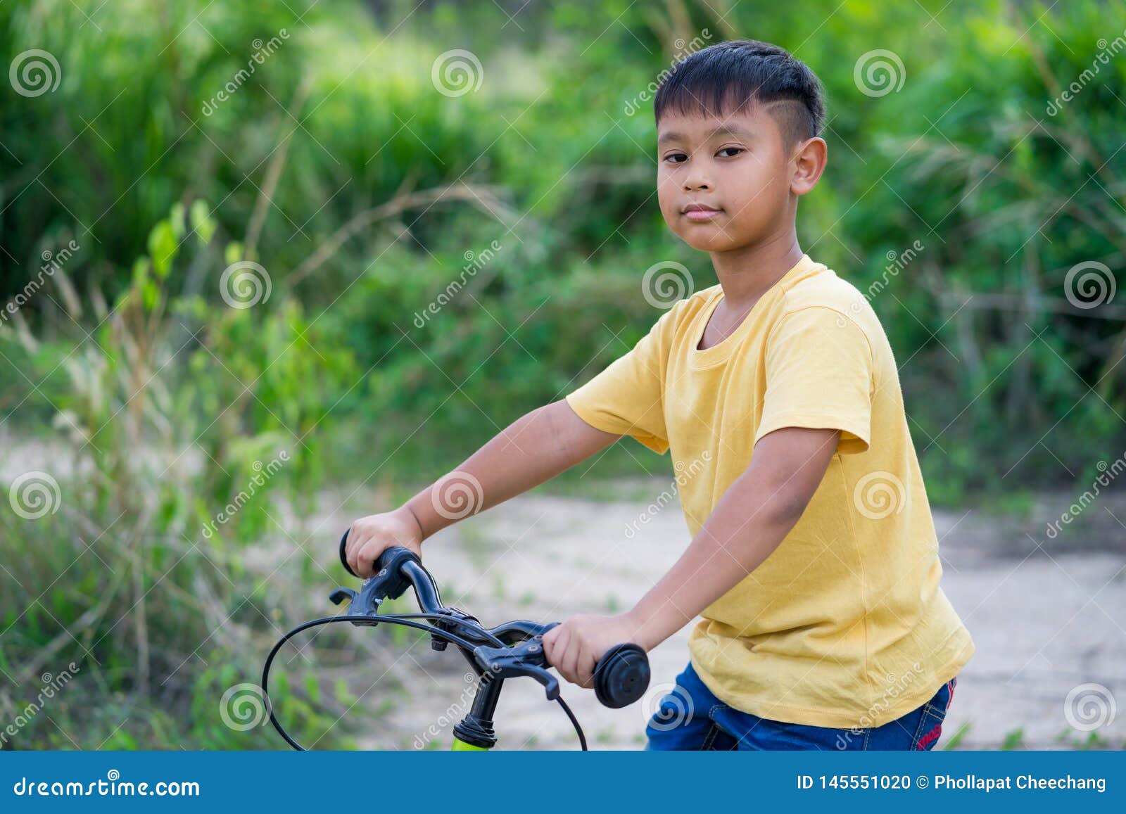 Asian Kid Boy Ride Bicycle in Nature Stock Photo - Image of field, male ...