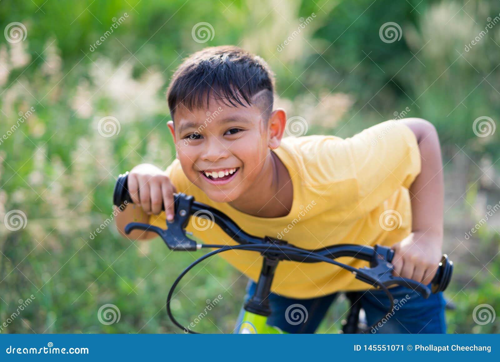 Asian Kid Boy Ride Bicycle in Nature Stock Image - Image of young ...
