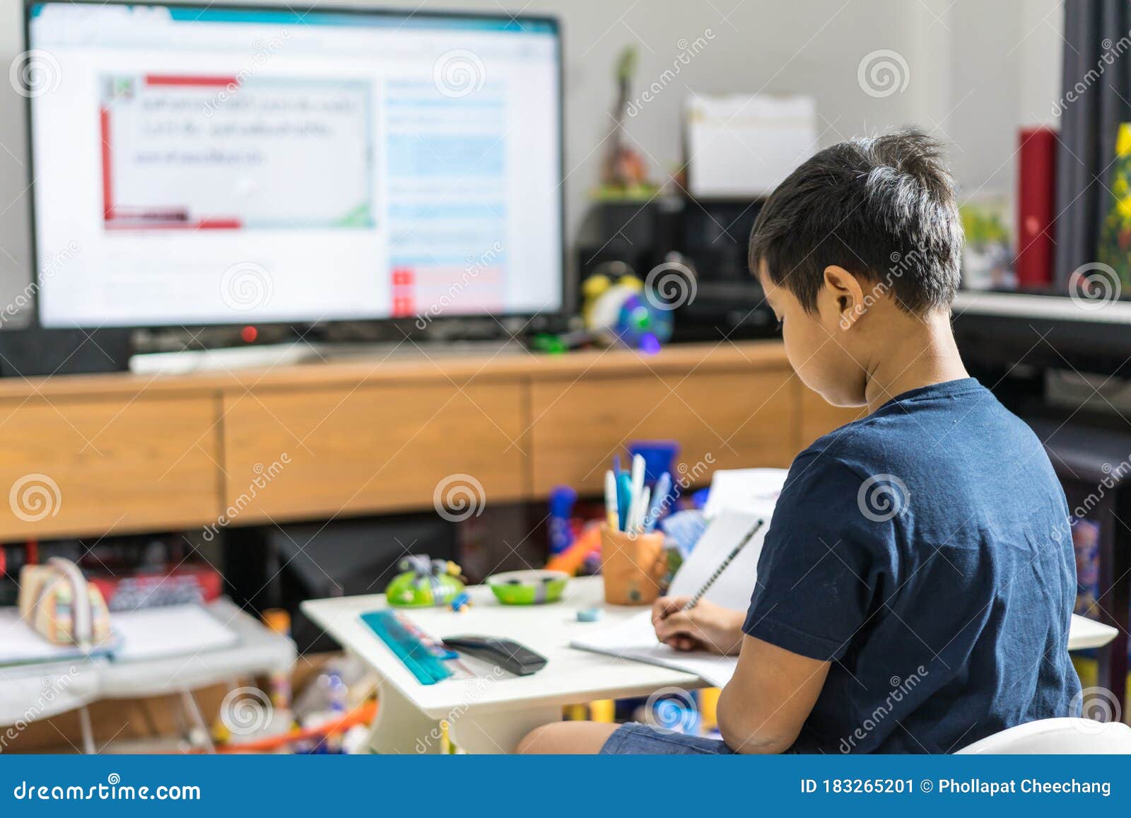 Asian Kid Distance Learning Online Education with Smart Tv Stock Image ...