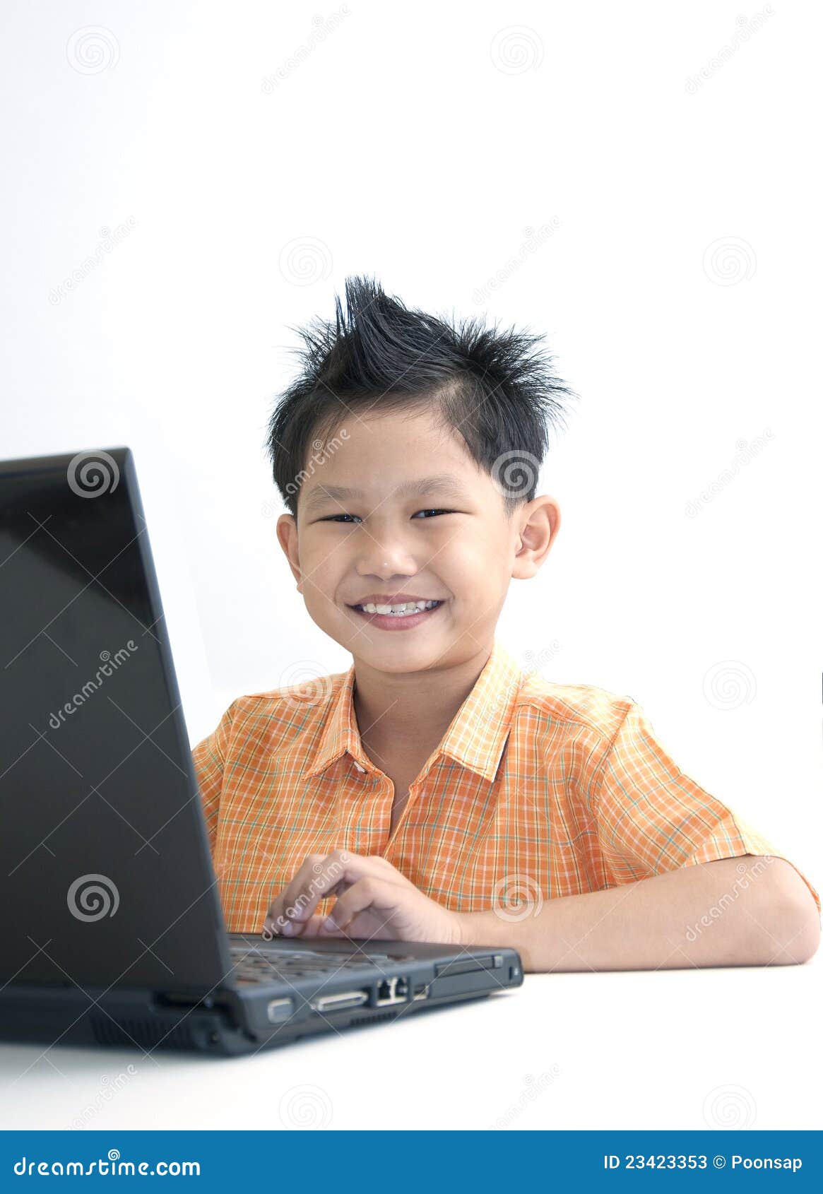 Asian Kid Smile Behind the Laptop Computer Stock Image - Image of ...