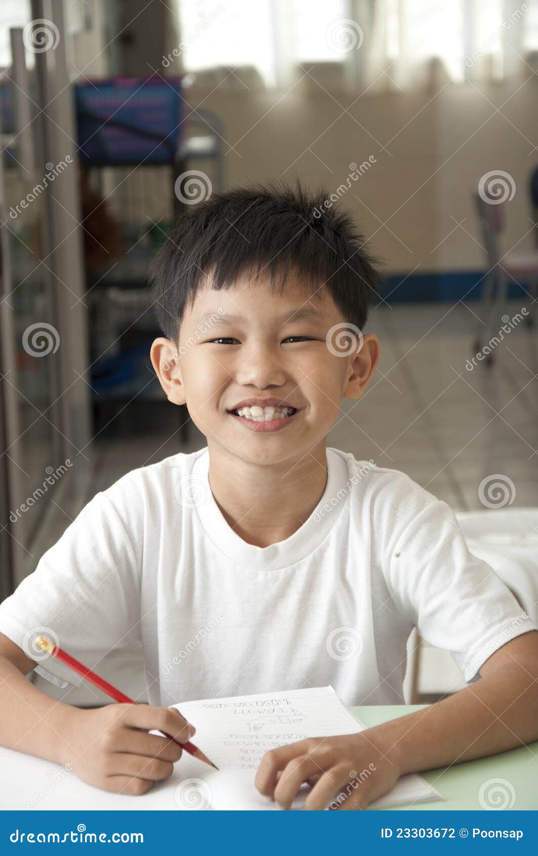 Asian Kid Smile in Class Room Stock Photo - Image of classmate, desk ...