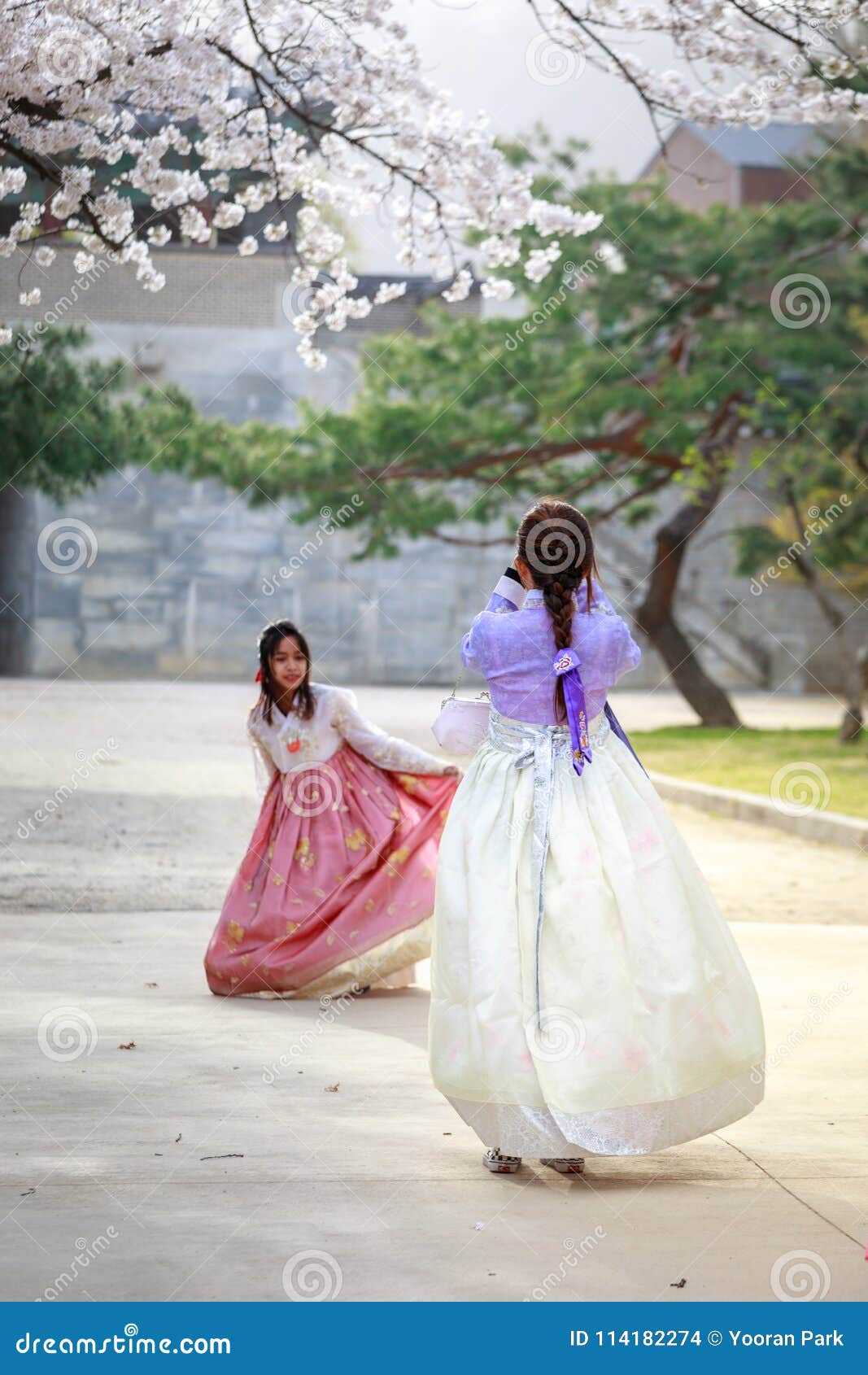 Asian Korean Woman Dressed Hanbok In Traditional Dress Walking In