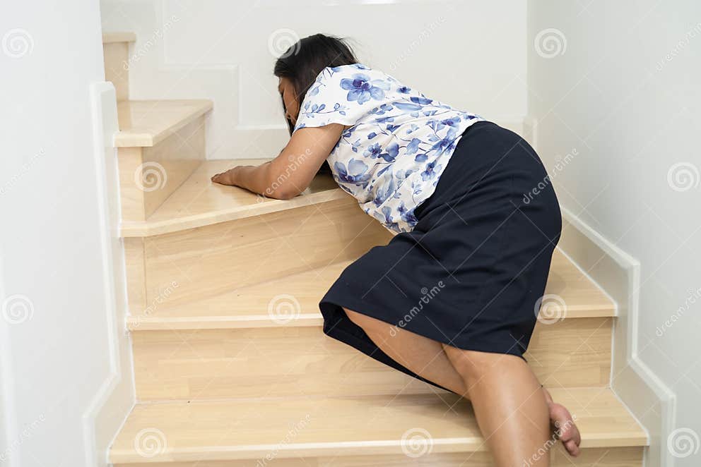 Asian Lady Woman Patient Fall Down The Stairs Because Slippery Surfaces