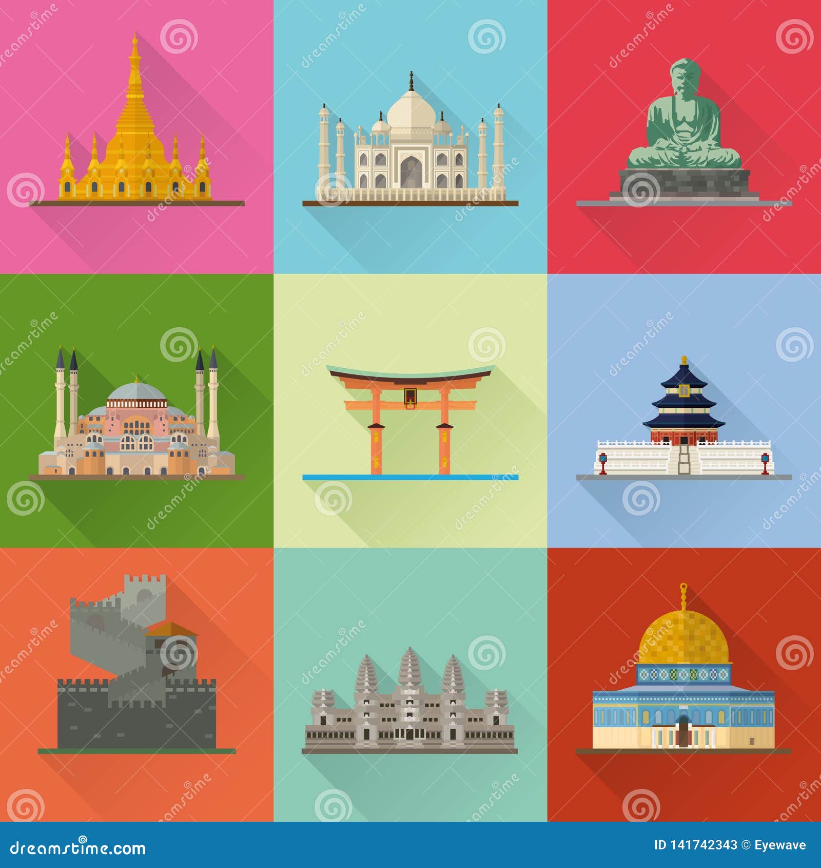 Asian Landmarks Flat Design Long Shadow Vector Illustration Stock ...