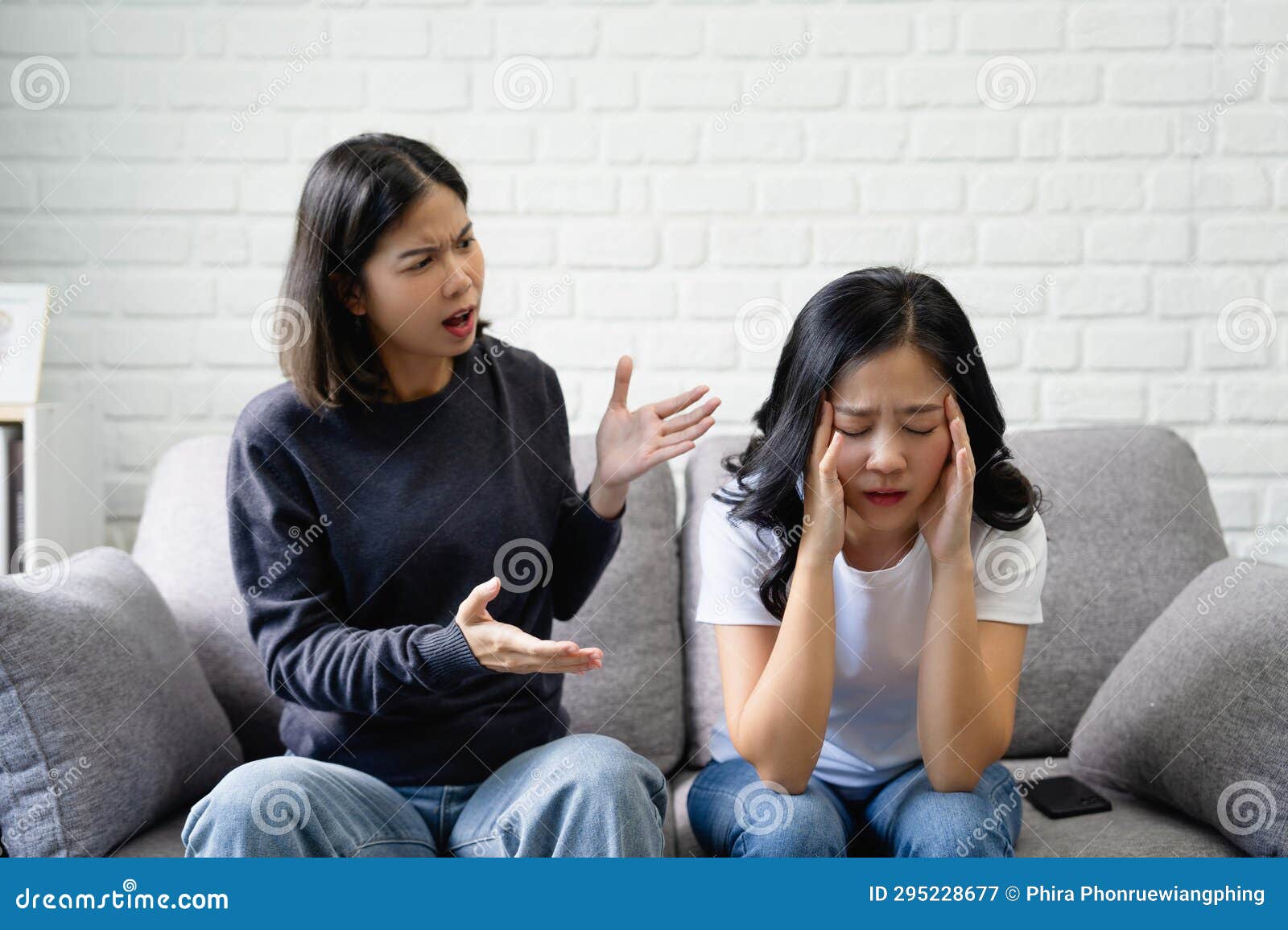 Asian Lesbian Couple Arguing on the Sofa Stock Image - Image of annoyed ...
