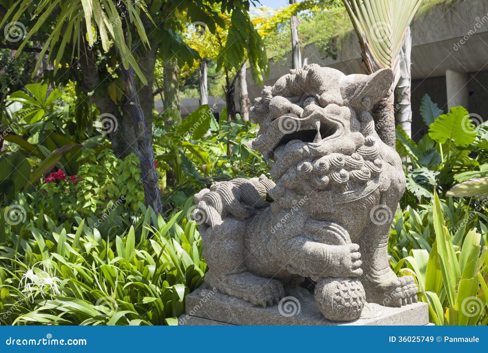 Asian Lion Statue Gate Guardian and Gardens Stock Image - Image of ...