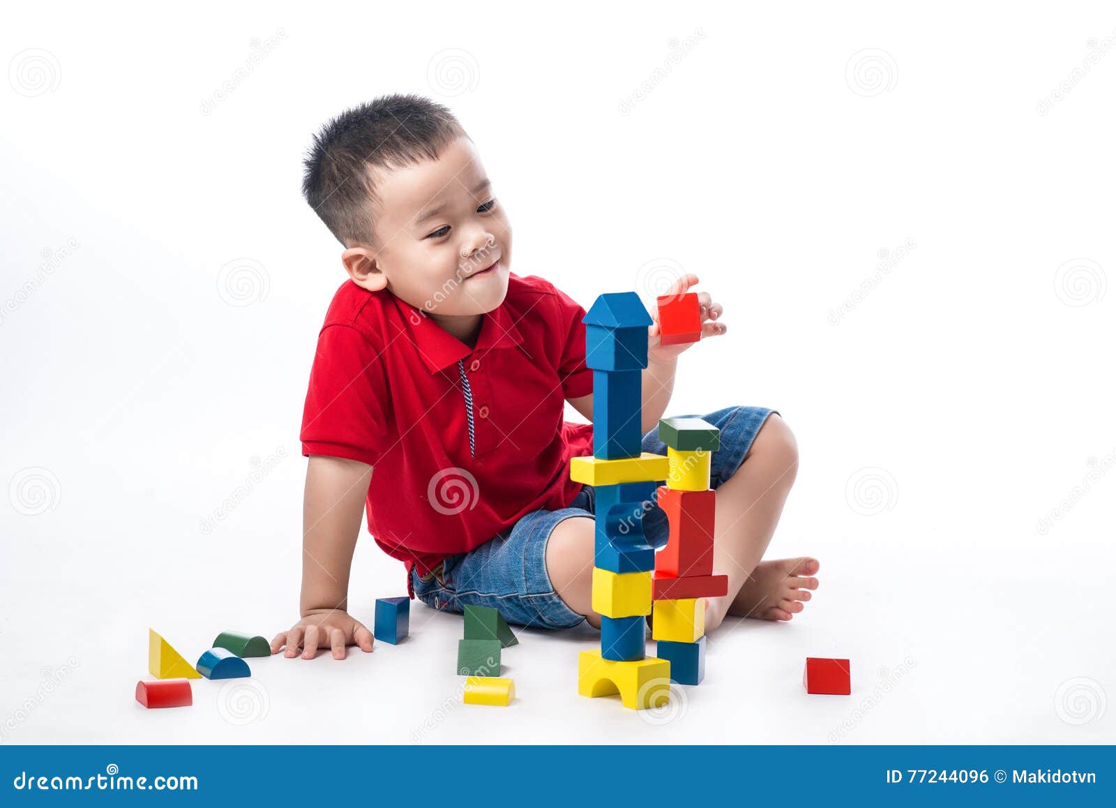 Asian Little Boy Playing with Colorful Blocks, Isolated on White Stock ...