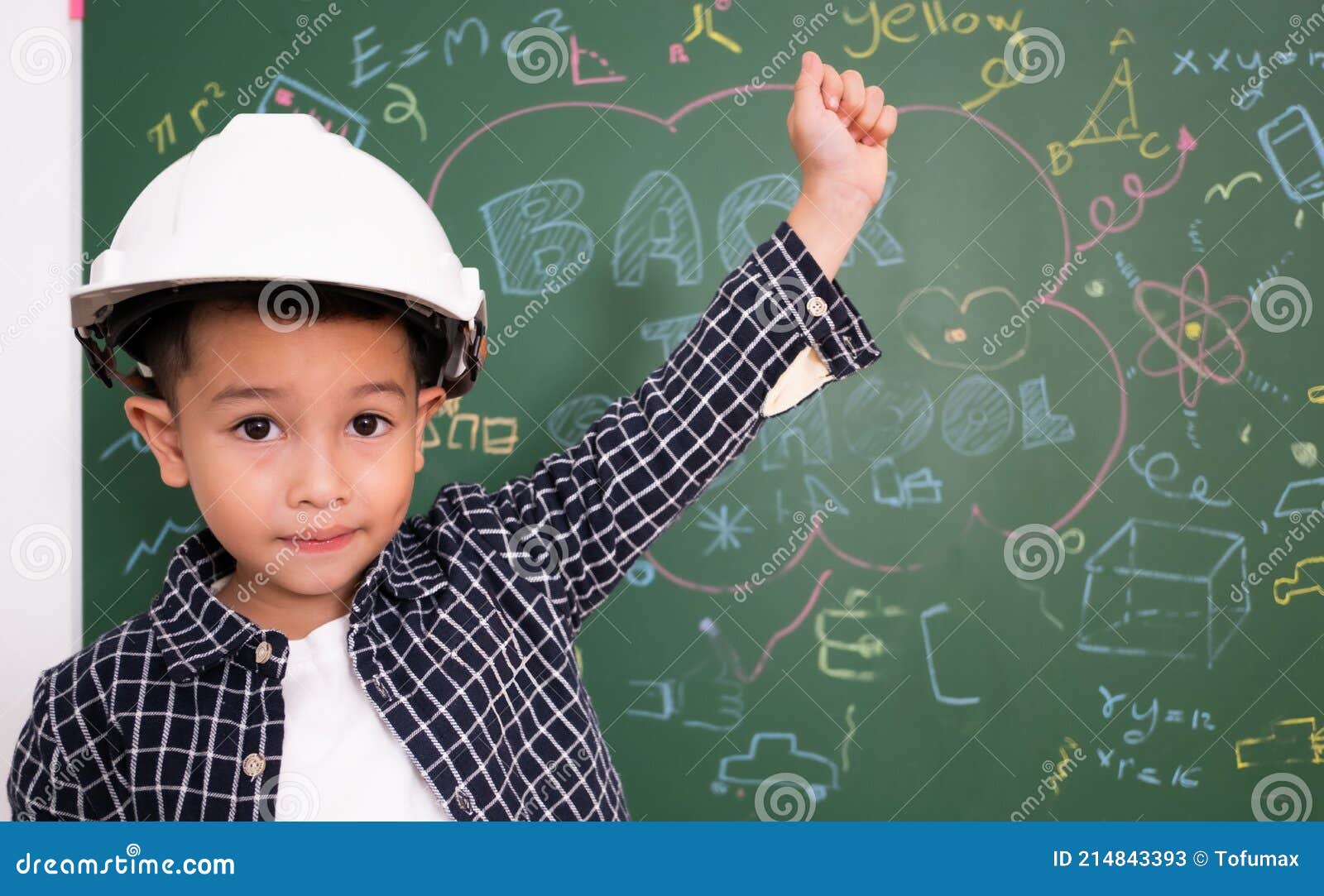 Asian Little Boy Wear White Engineer Hat on Blackboard Stock Image ...