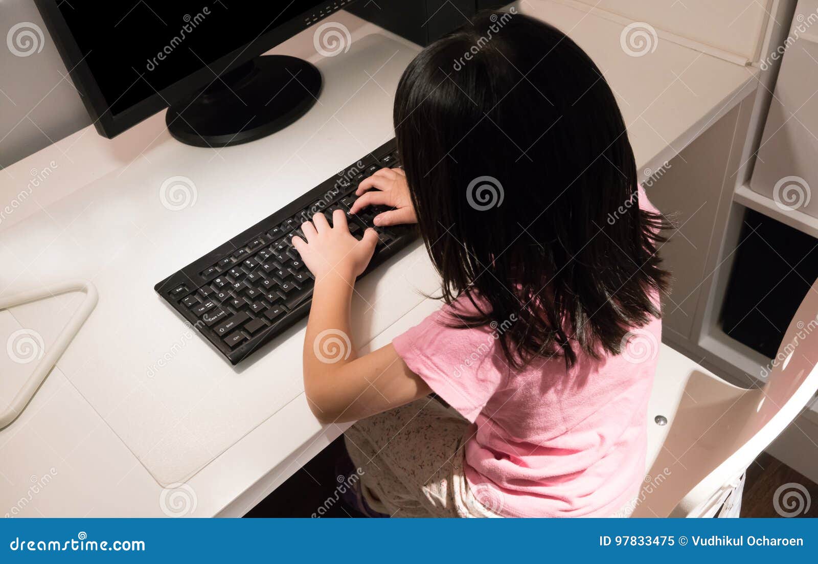 Asian Little Girl Practicing Computer Keyboard Typing Stock Image ...