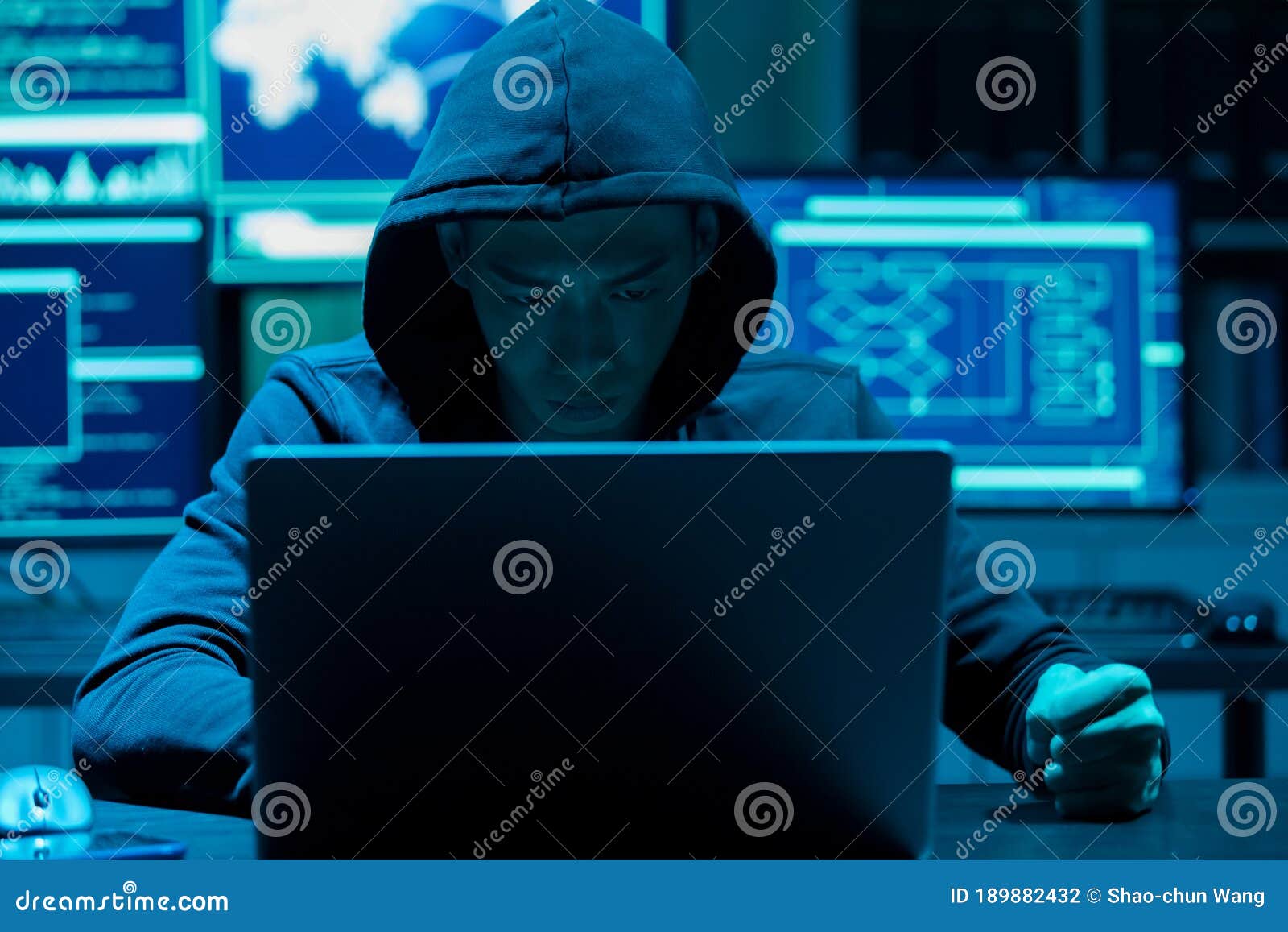 Asian male angry hacker stock photo. Image of crime - 189882432