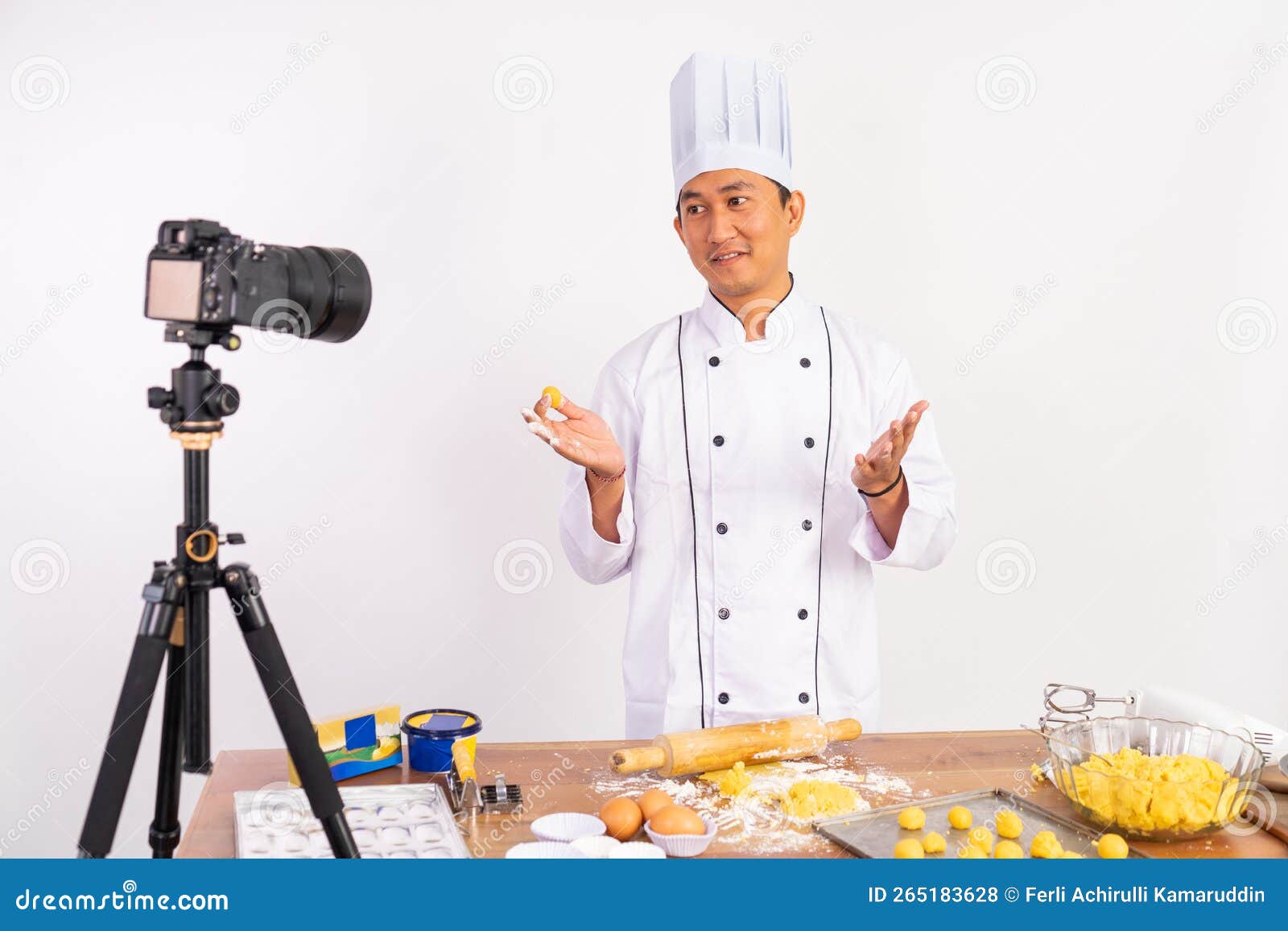 Asian Male Chef Making Cooking Tutorial Video with Baking Utensils ...
