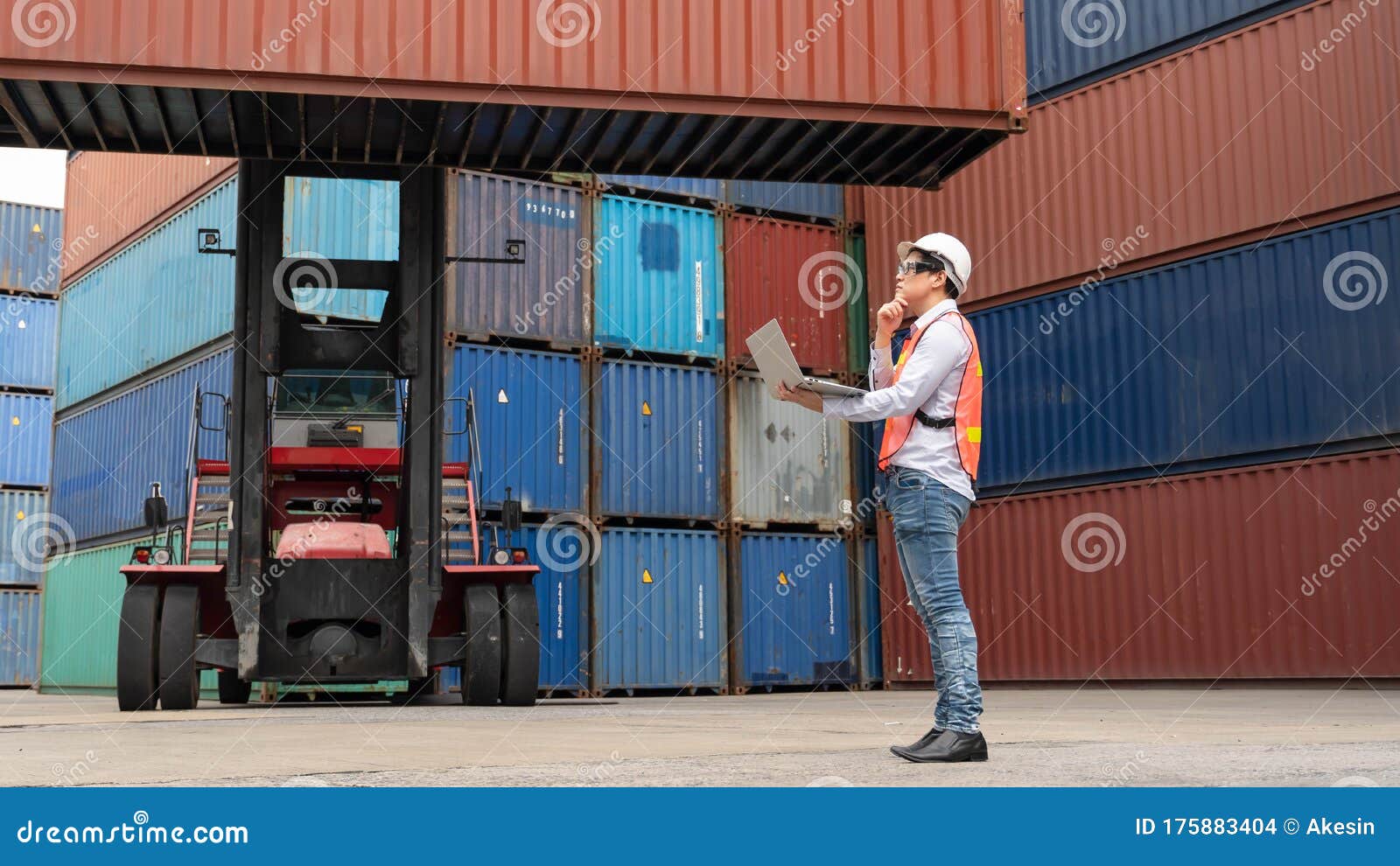 Asian Male Containers Cargo Inspector Working and Containers Yard and ...