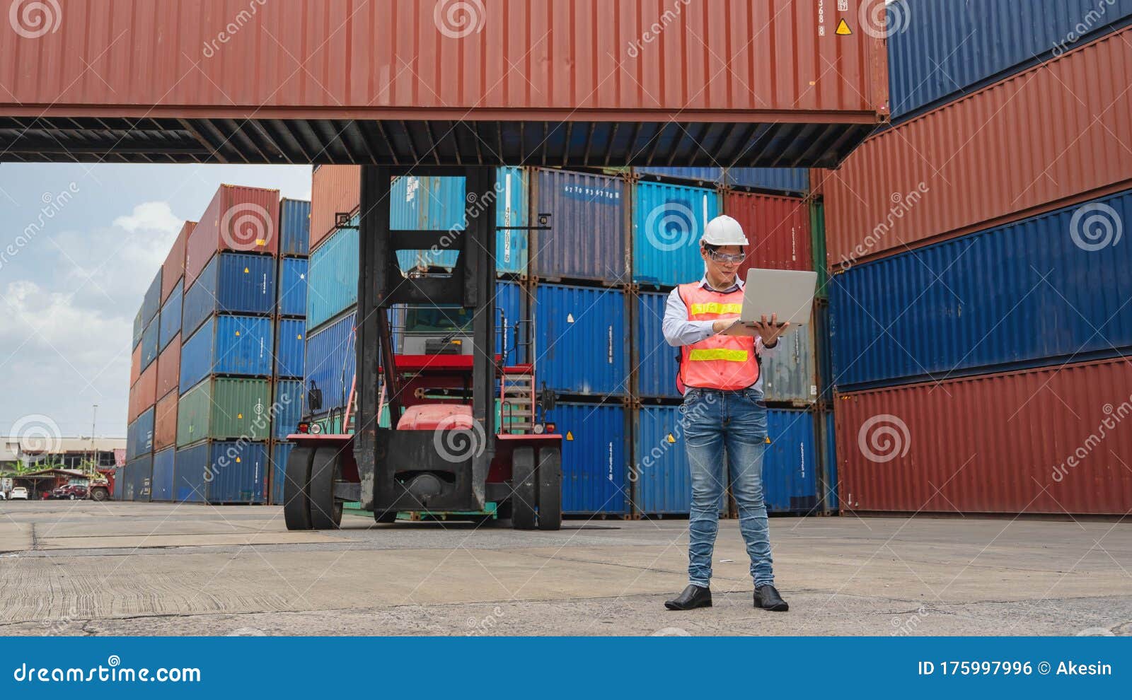 Asian Male Containers Cargo Inspector Working and Containers Yard and ...