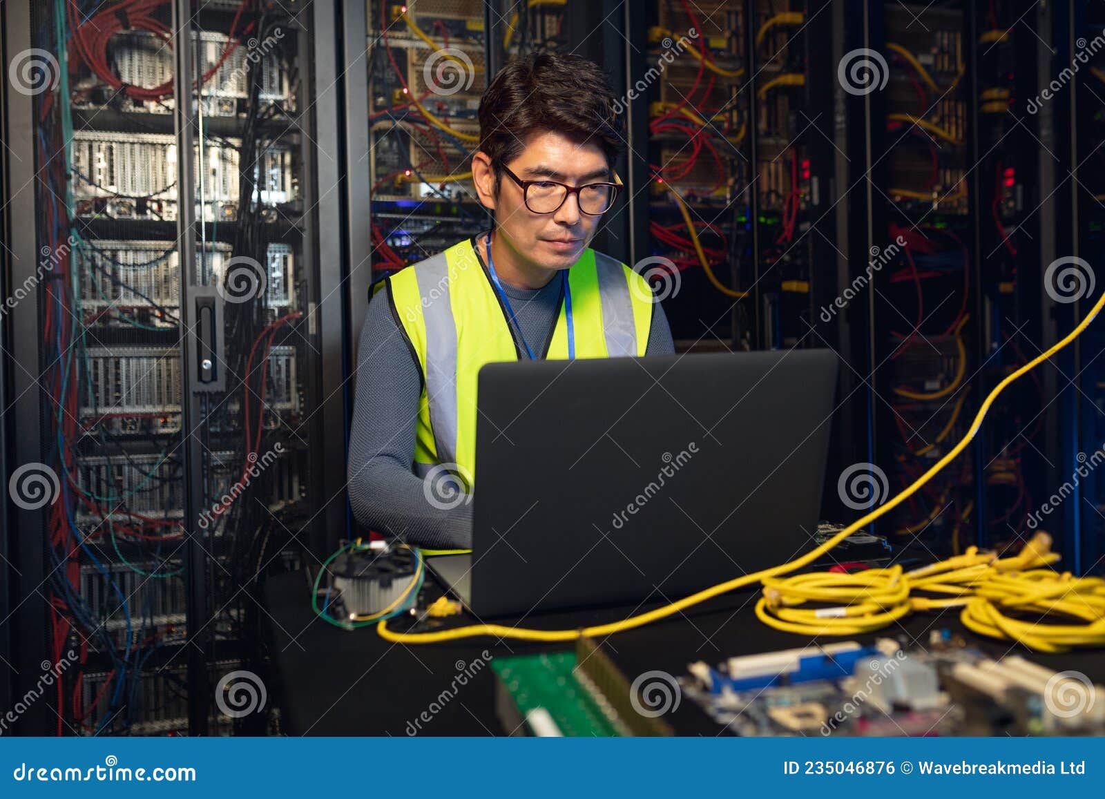 Asian Male Engineer Using a Laptop in Computer Server Room Stock Photo ...