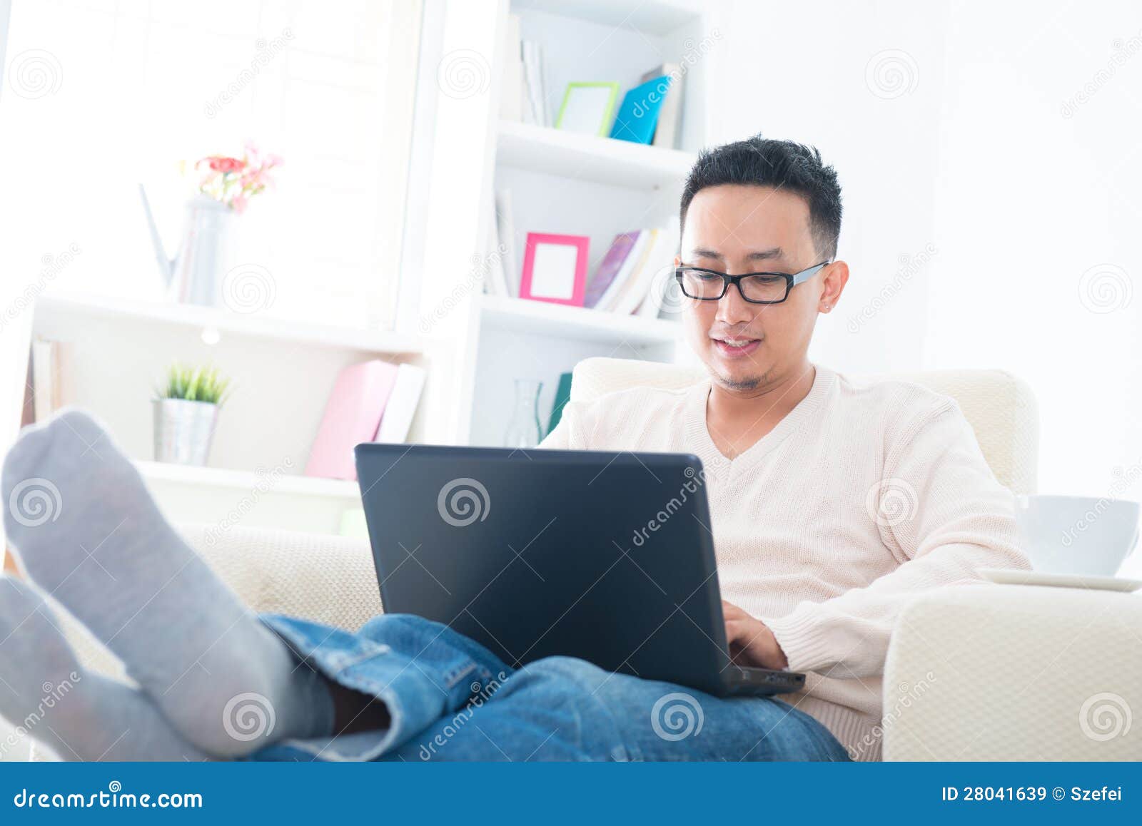 Asian Male Using Internet at Home Stock Image - Image of male ...