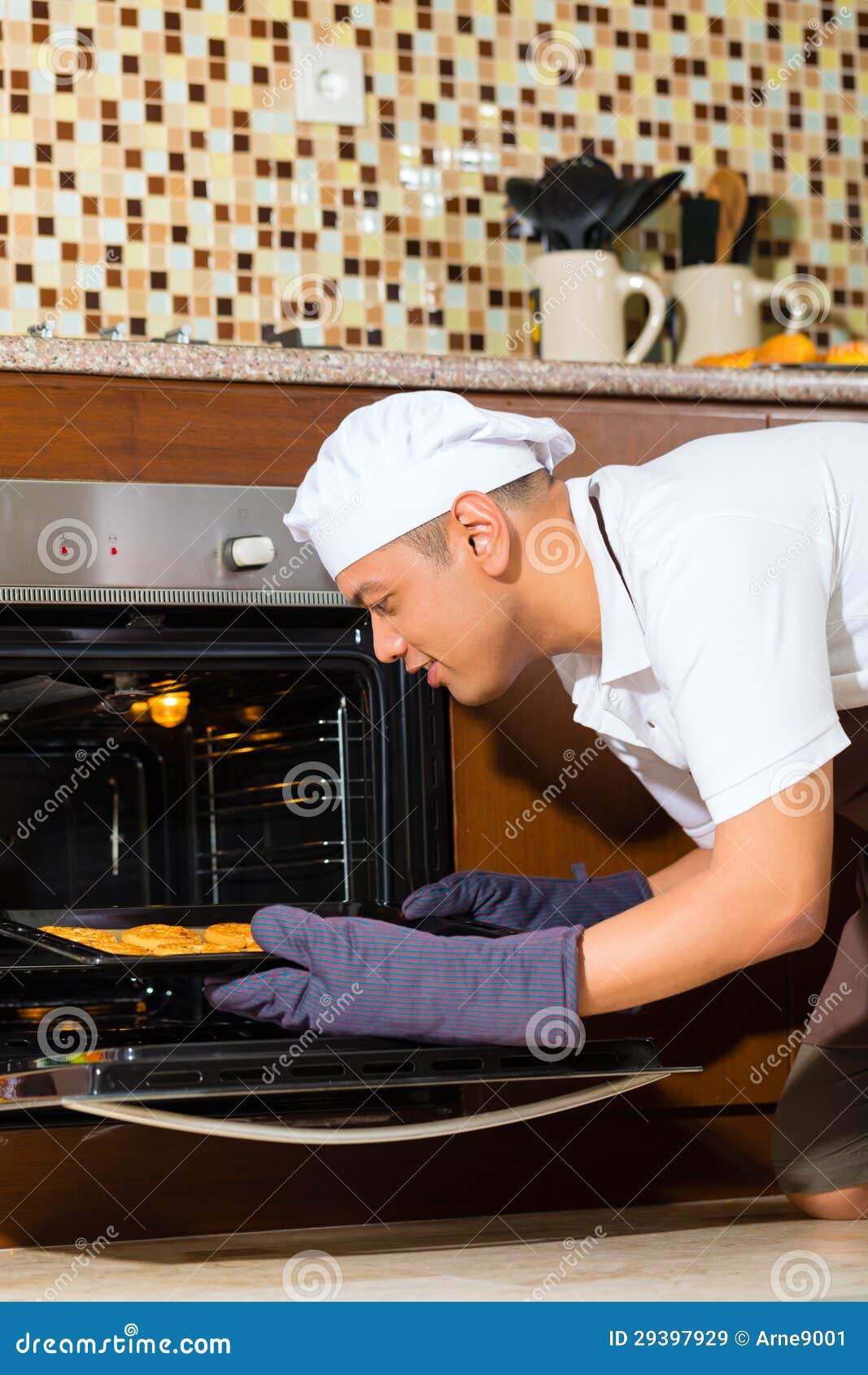 Asian Man Baking Cake in Home Kitchen Stock Image - Image of activity ...