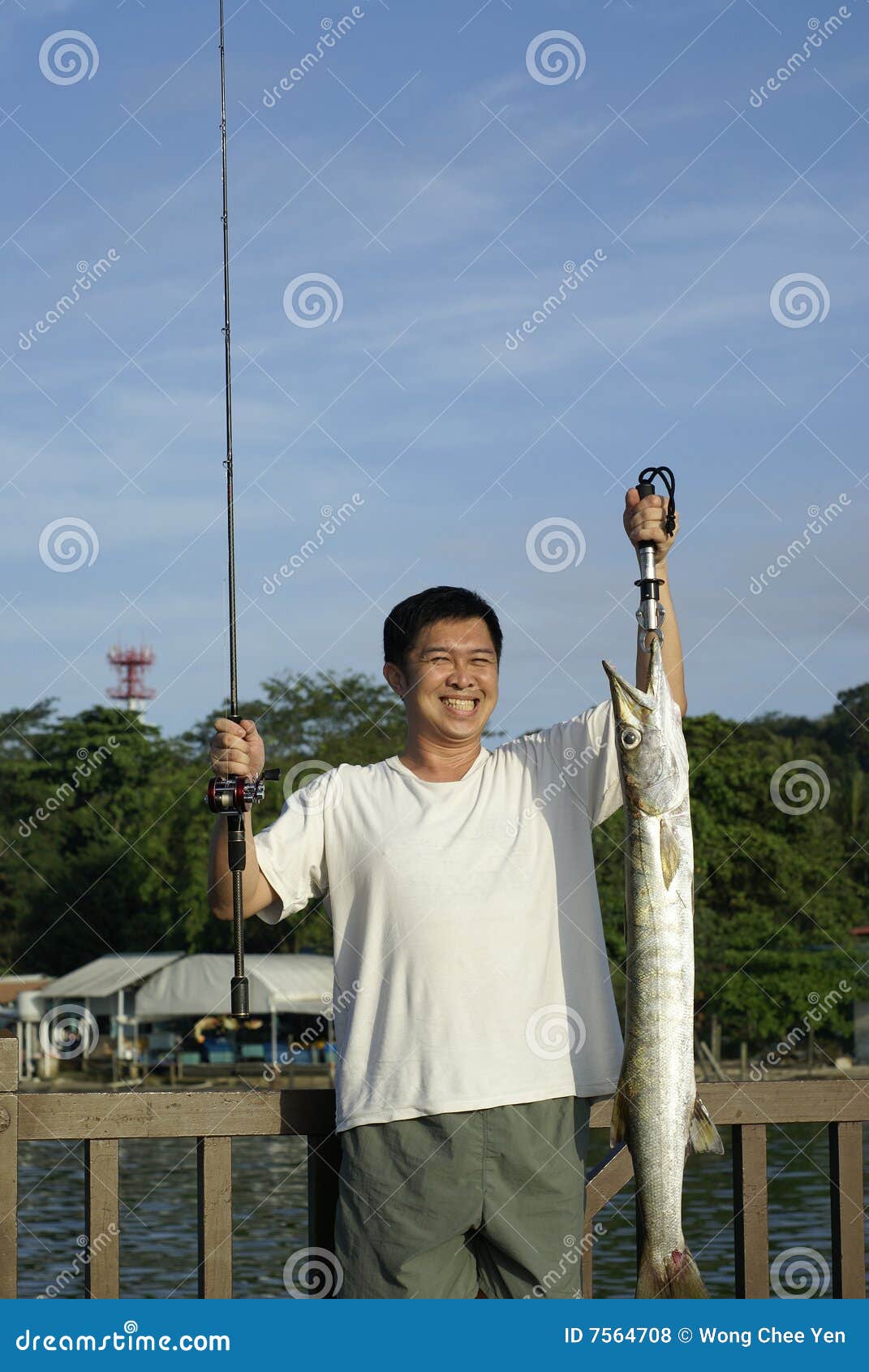 Asian Man with Big Fish Catch Stock Photo - Image of smile, cheerful ...