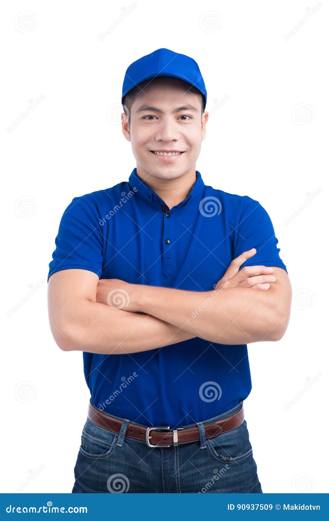 Asian Man in Blue Uniform. White Background. Stock Image - Image of ...