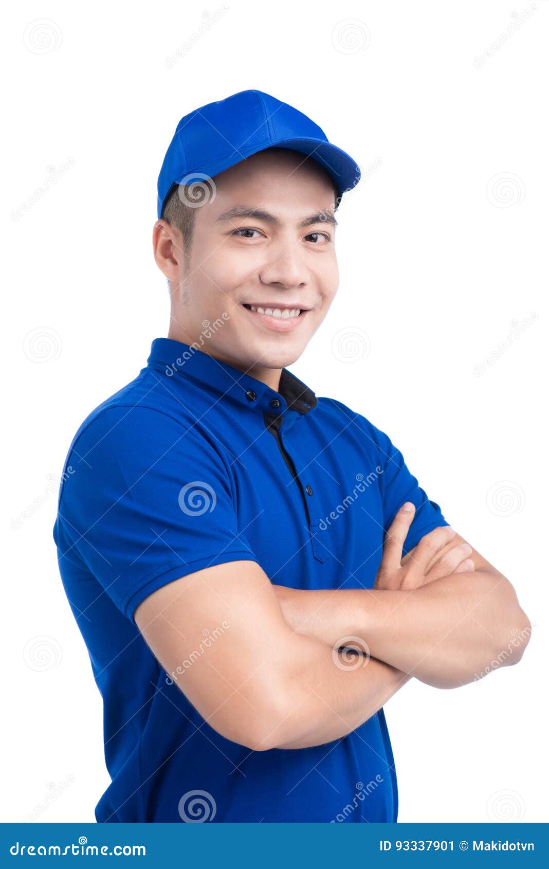 Asian Man in Blue Uniform. White Background. Stock Image - Image of ...