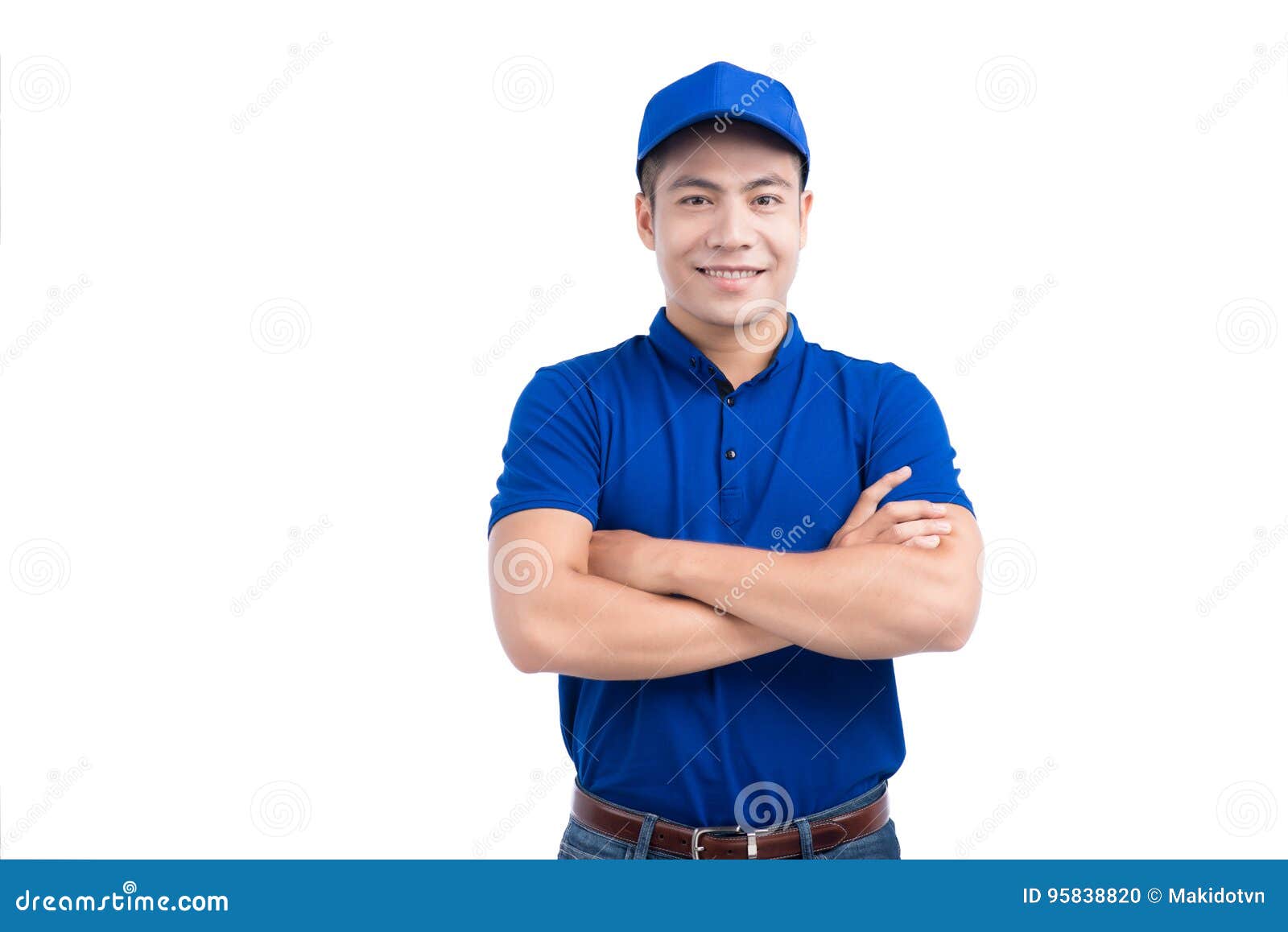Asian Man in Blue Uniform. White Background. Stock Photo - Image of ...