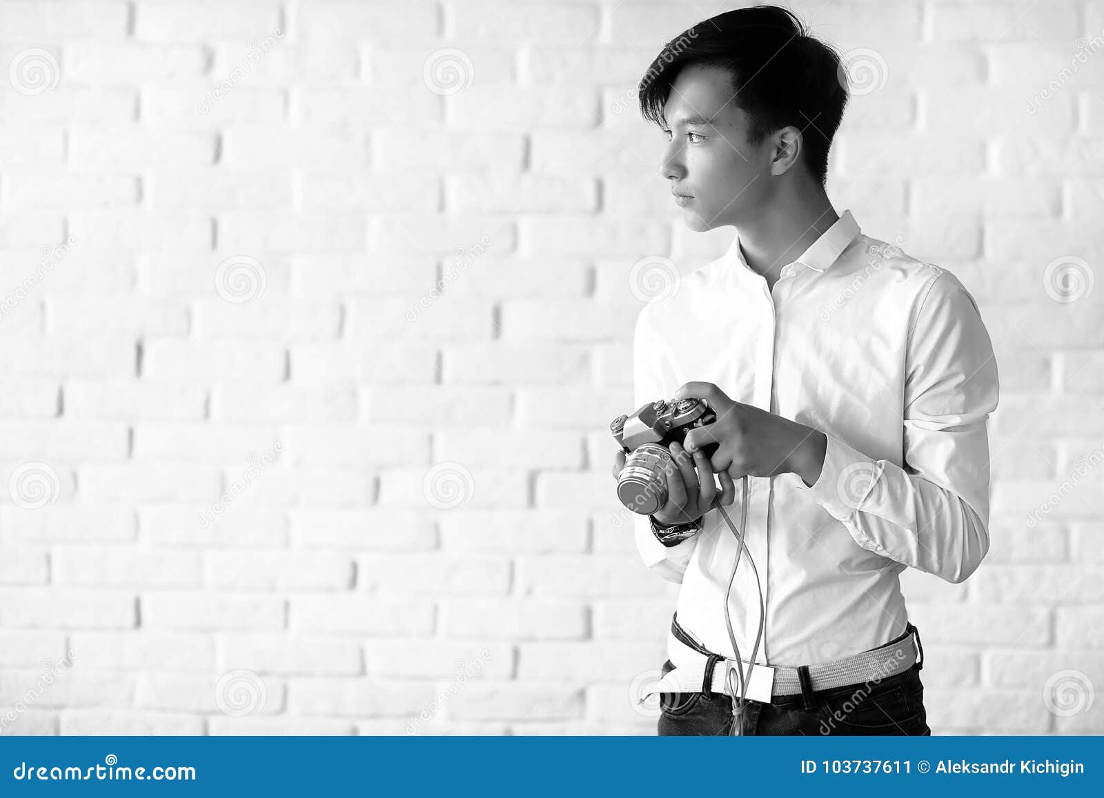 Asian Man with a Camera Black and White Stock Image - Image of happy ...