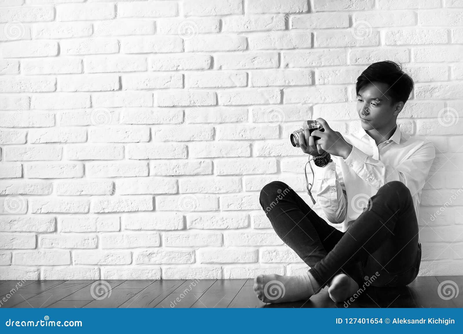 Asian Man with a Camera Black and White Stock Photo - Image of ...