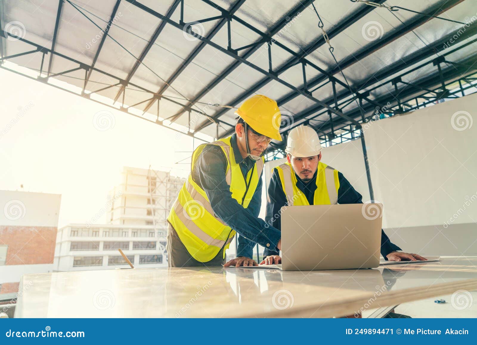 Asian Man Civil Engineer and Contractor Working with Computer Laptop on ...