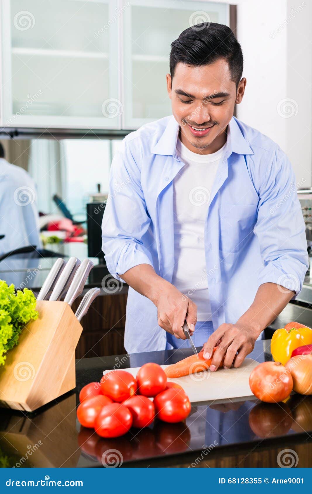 Asian Man Cutting Salad in Kitchen Stock Image - Image of vegetables ...