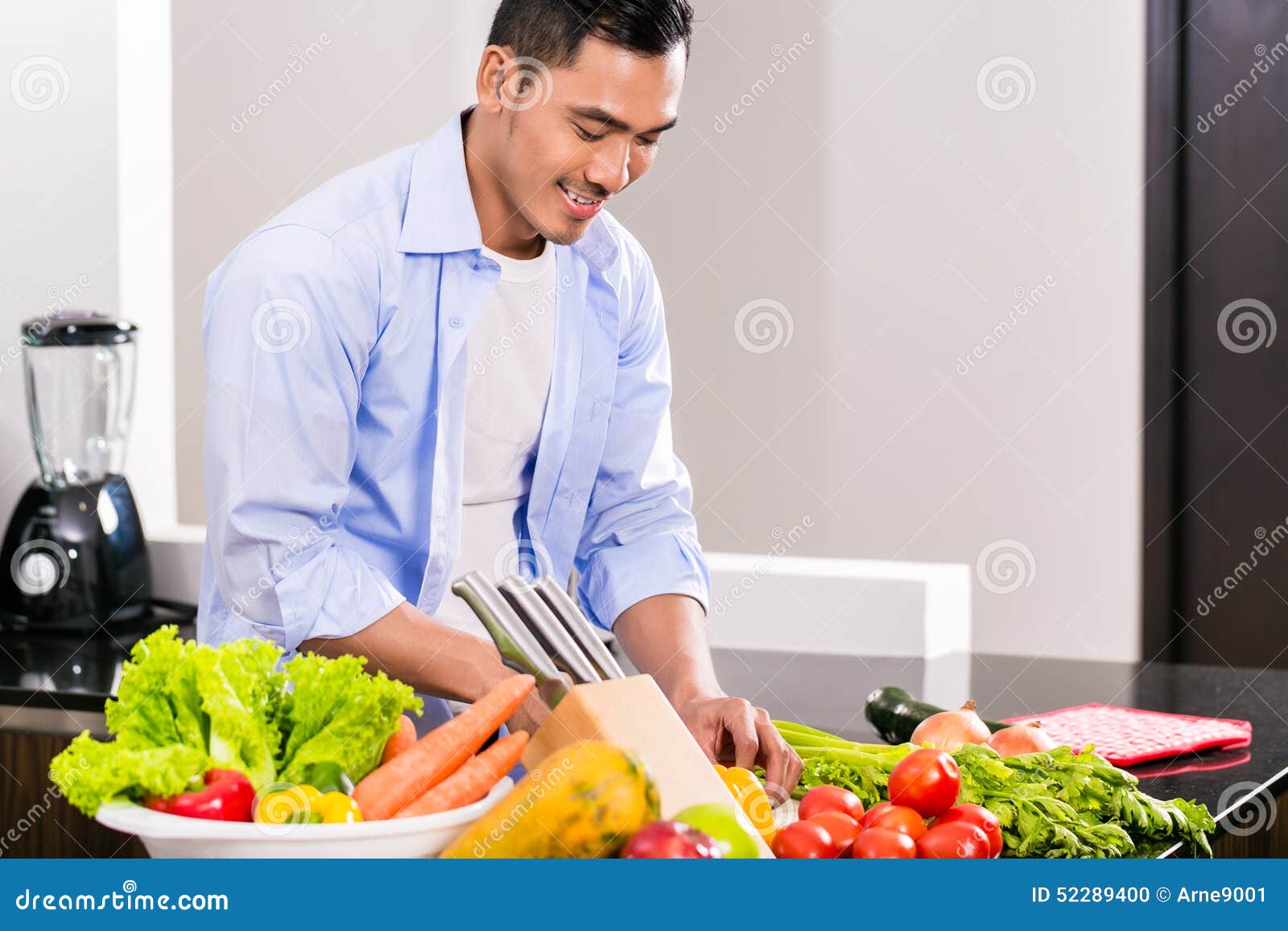Asian Man Cutting Vegetables and Salad Stock Photo - Image of food ...