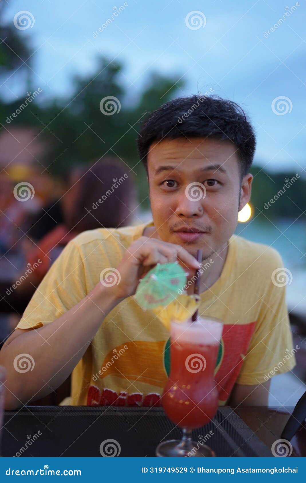 Asian Man Drinking Cocktail at the Beach Stock Image - Image of food ...