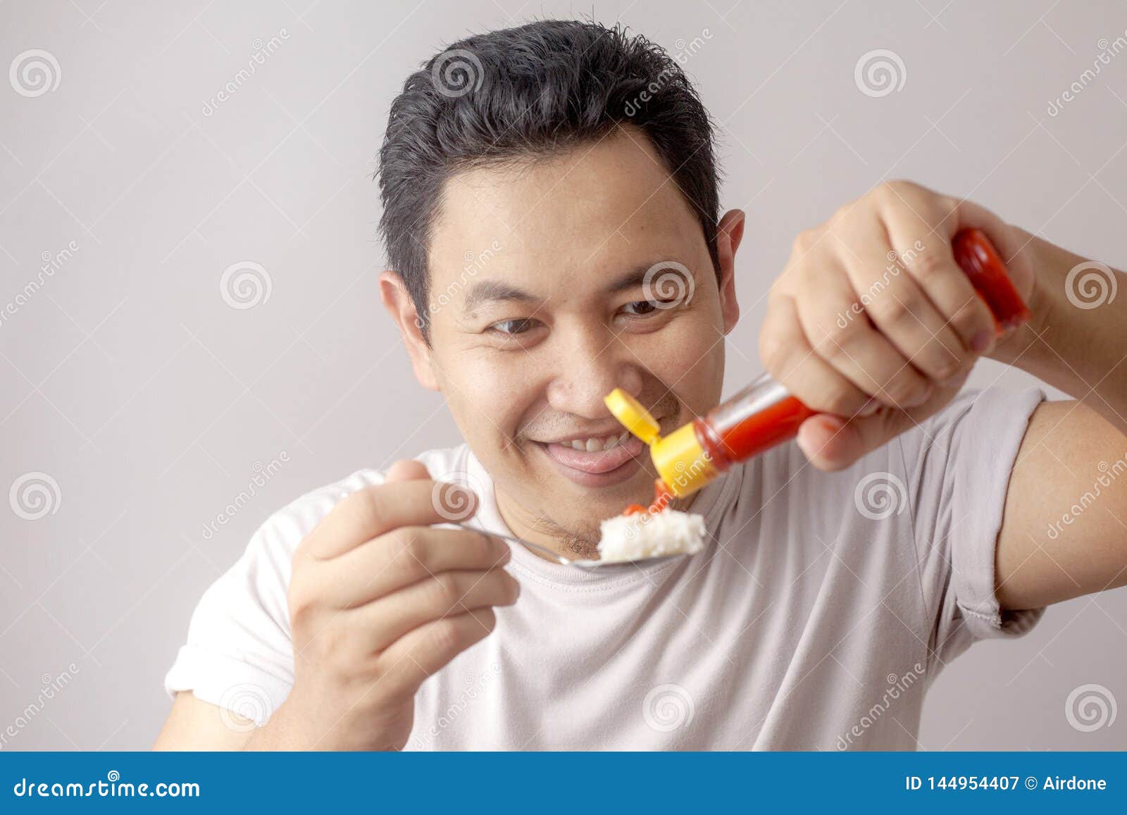 Asian Man Eating Rice With Sambal Chili Sauce Stock Image Image Of