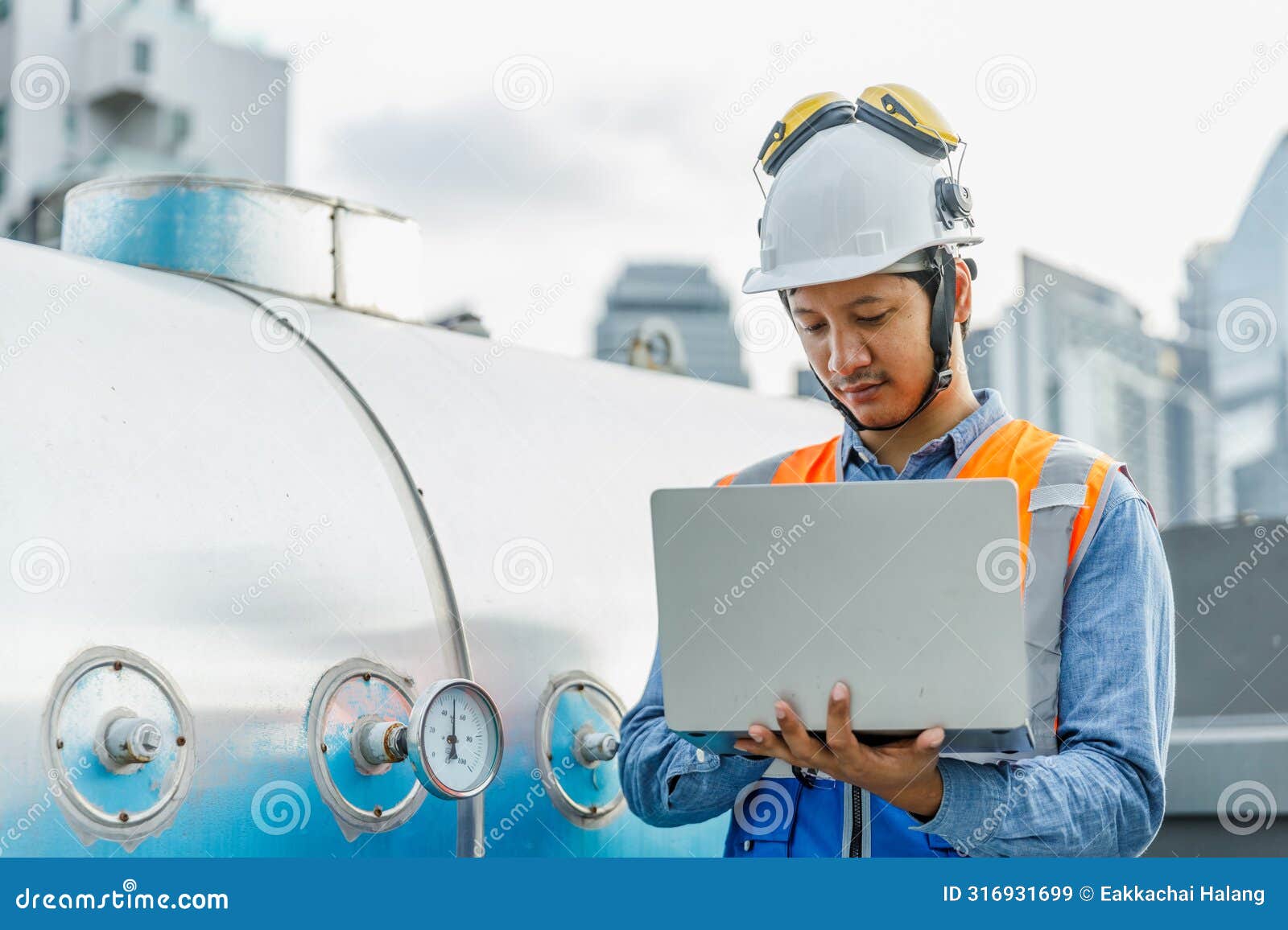 Asian Man Engineer Using Laptop Checking Valve Working at Rooftop ...