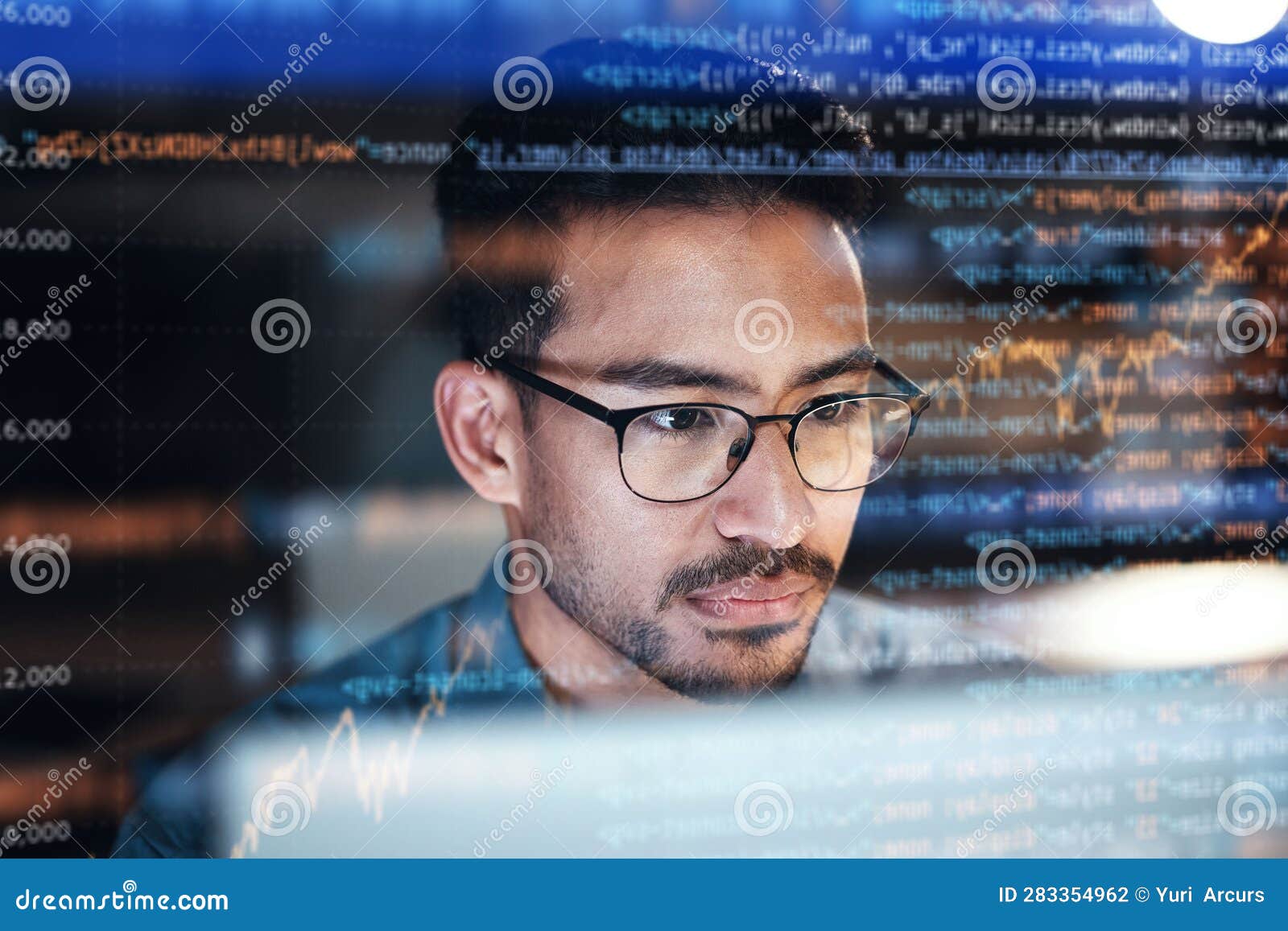 Asian Man, Face and Programming at Night with Code Overlay or Dashboard in Malware or Software ...