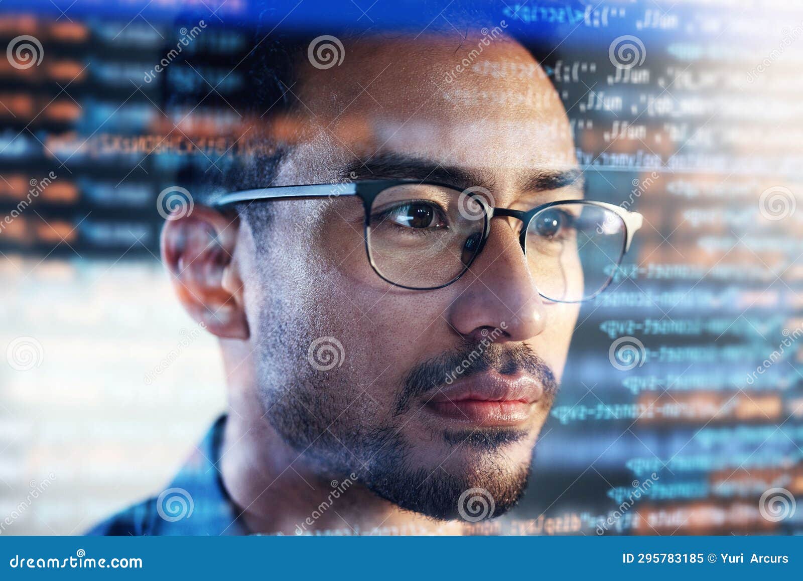 Asian Man Face And Programming At Night With Overlay Or Dashboard Of